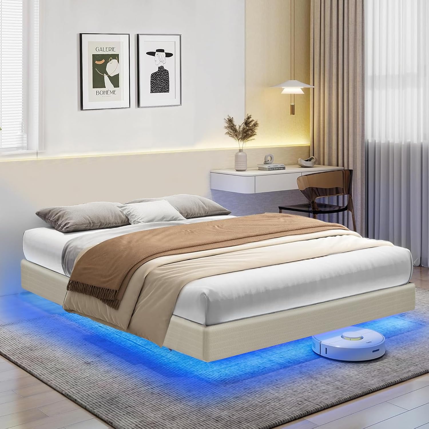 Amazon.com: PLAUMIDO Floating Bed Frame with Smart LED Lights, Queen ...