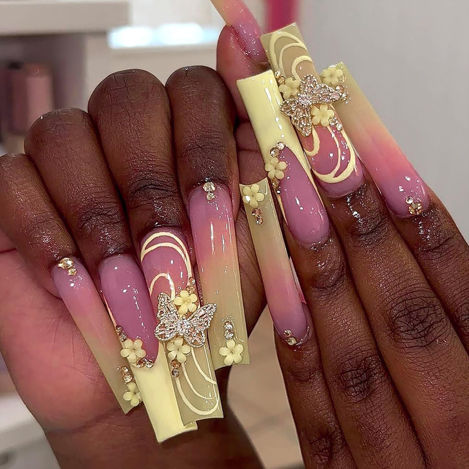 Amazon.com: Vezocim Press on Nails Long Coffin French Tips 24Pcs Glossy ...