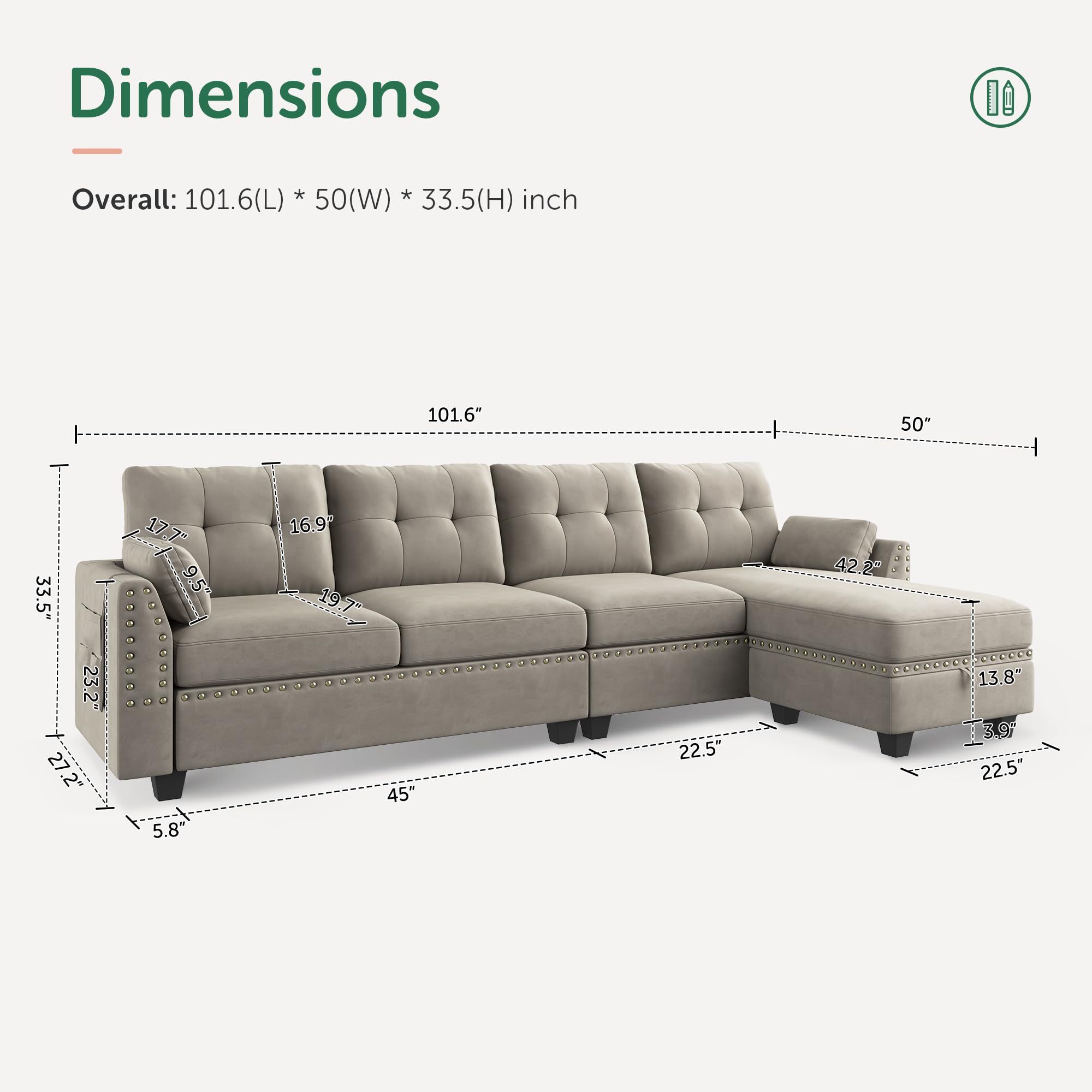 HONBAY Velvet Convertible Sectional Sofa L Shaped Couch with Storage ...