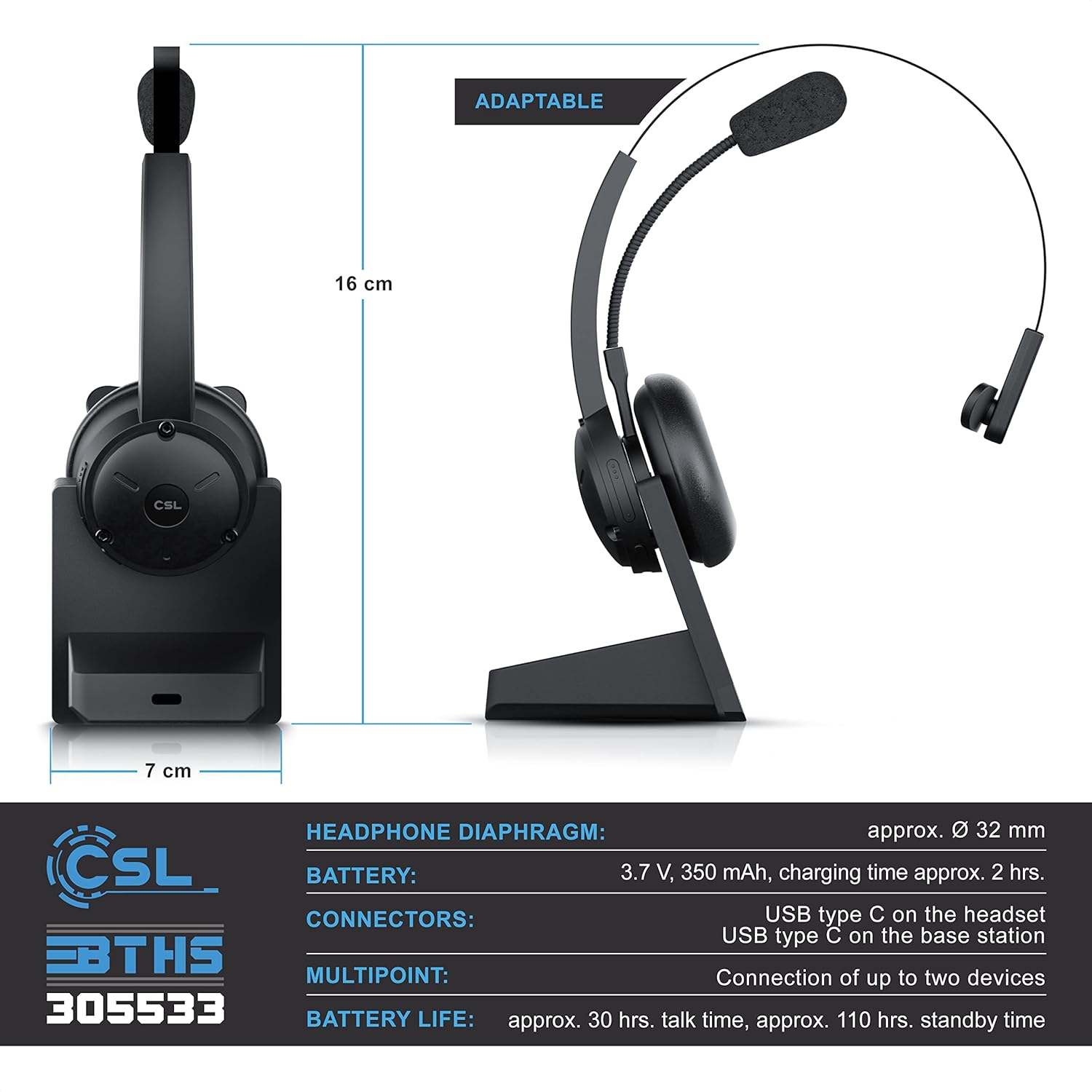 CSL – Single-Sided Wireless Headset with Microphone, Mono Headset with ...