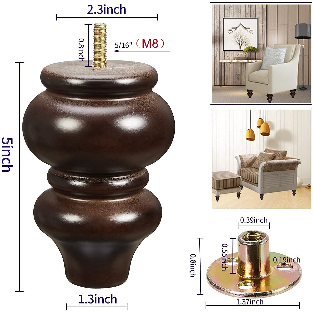 Snapklik.com : Wood Furniture Legs 5 Inch Sofa Legs Pack Of 4,Round ...