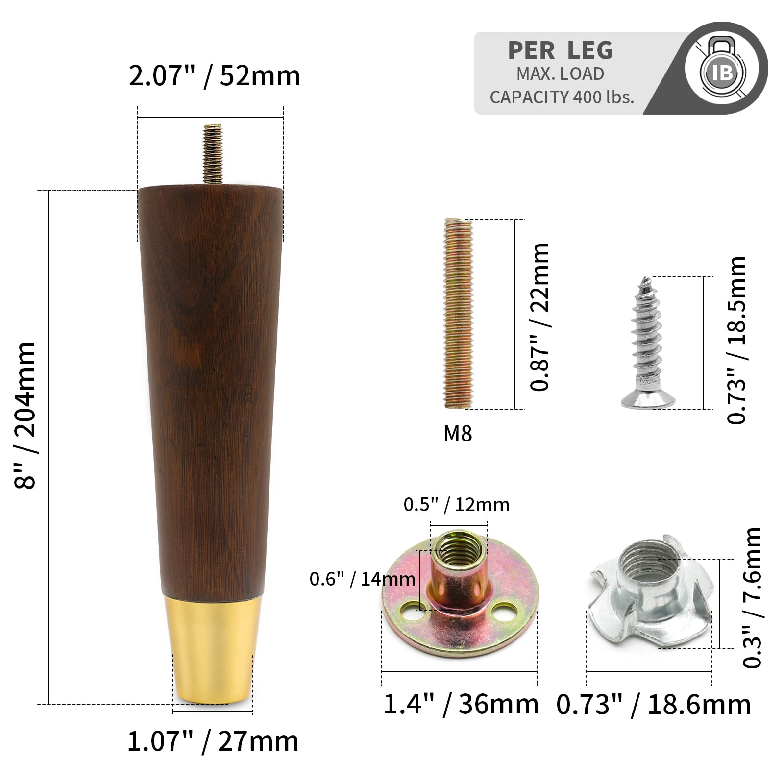 Snapklik.com : 4pcs 8 Inch Wood Furniture Legs, Straight Conical Solid ...