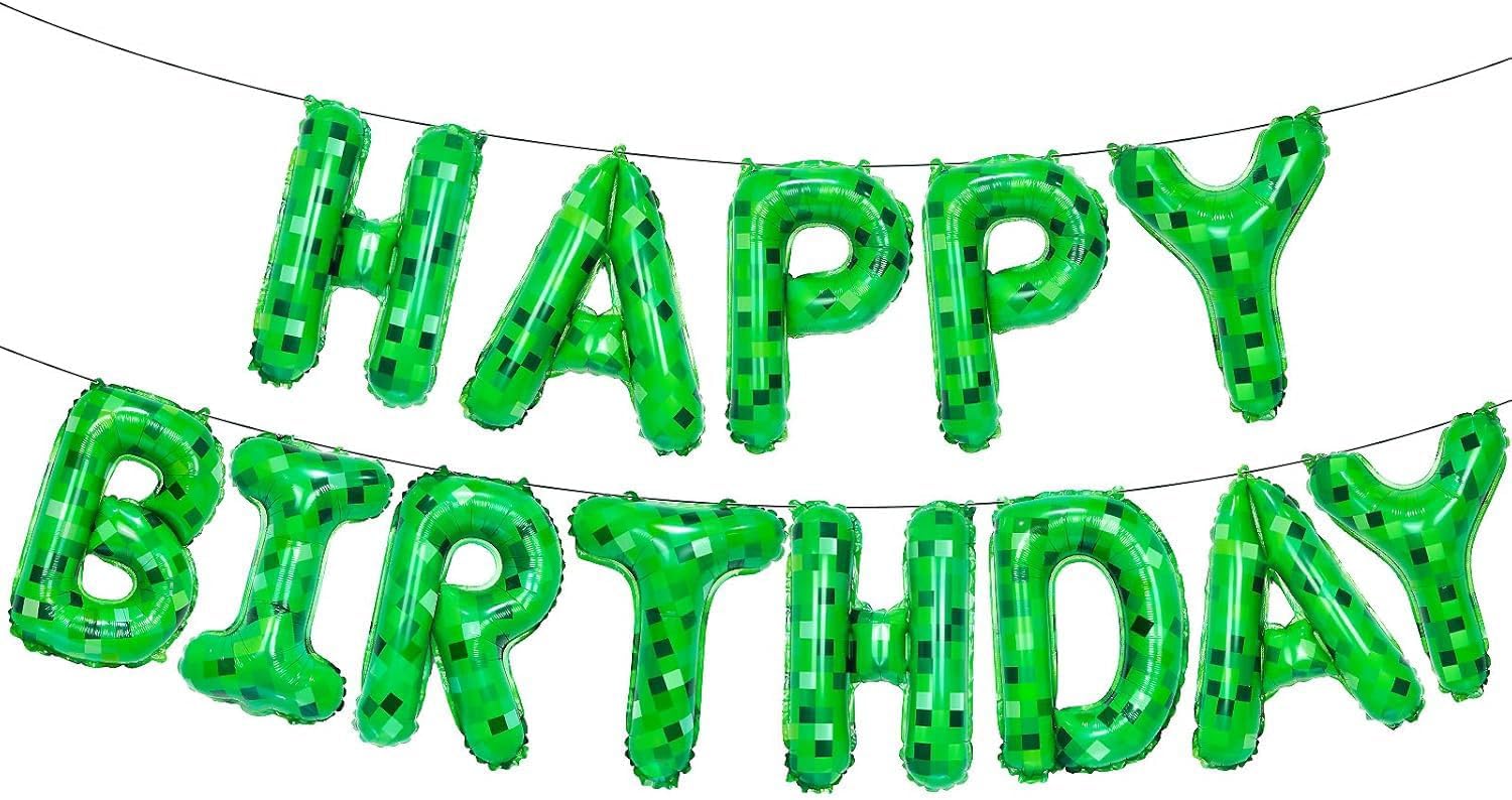 Amazon.com: Pixel Birthday Decorations Happy Birthday Banner Miner ...