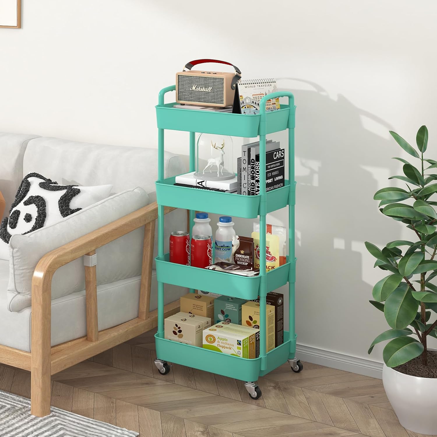 Sywhitta Carrito utilitario de plástico de 4 niveles con asa, carrito ...