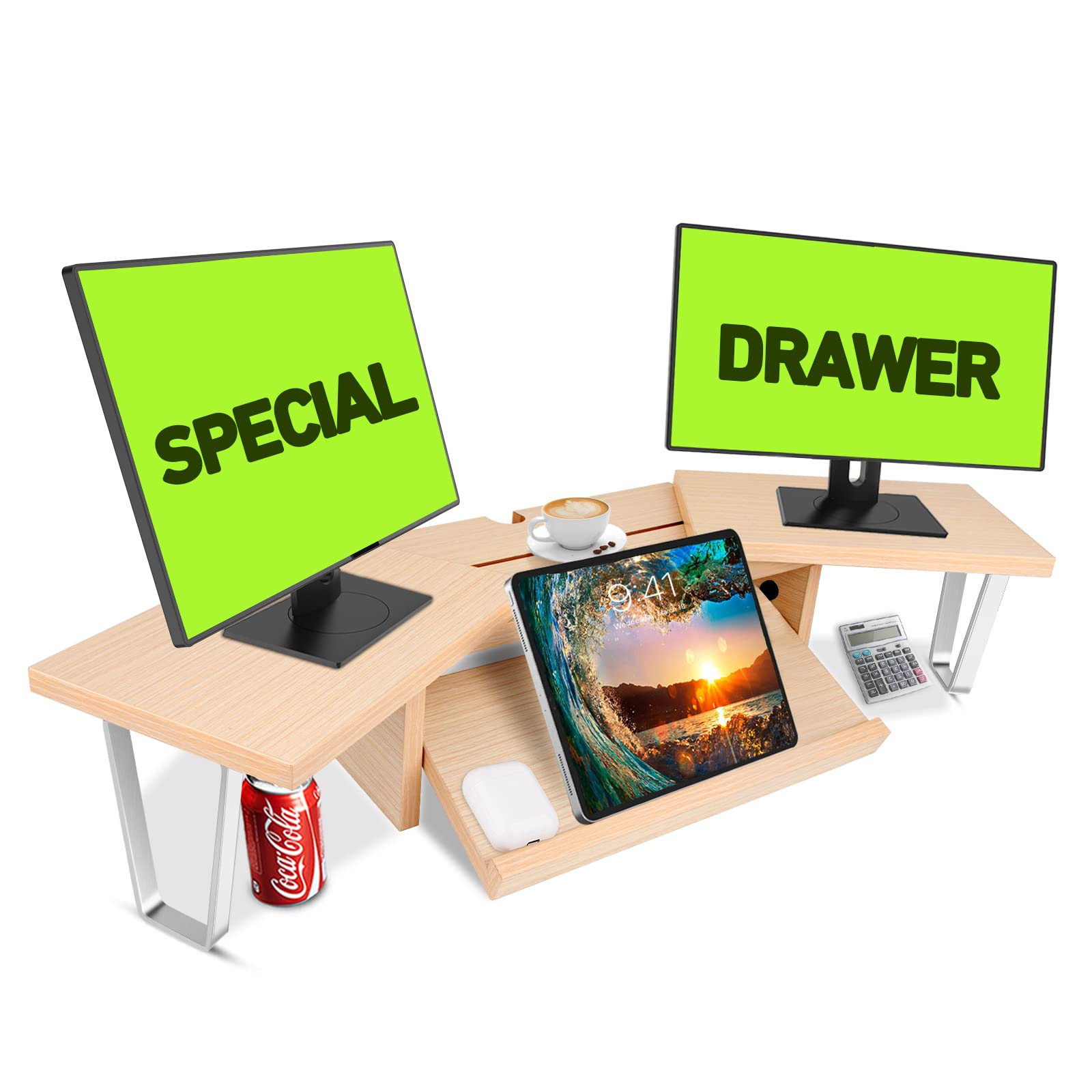 Buy JYPS Dual Monitor Stand Riser With Drawer Adjustable Wood Monitor