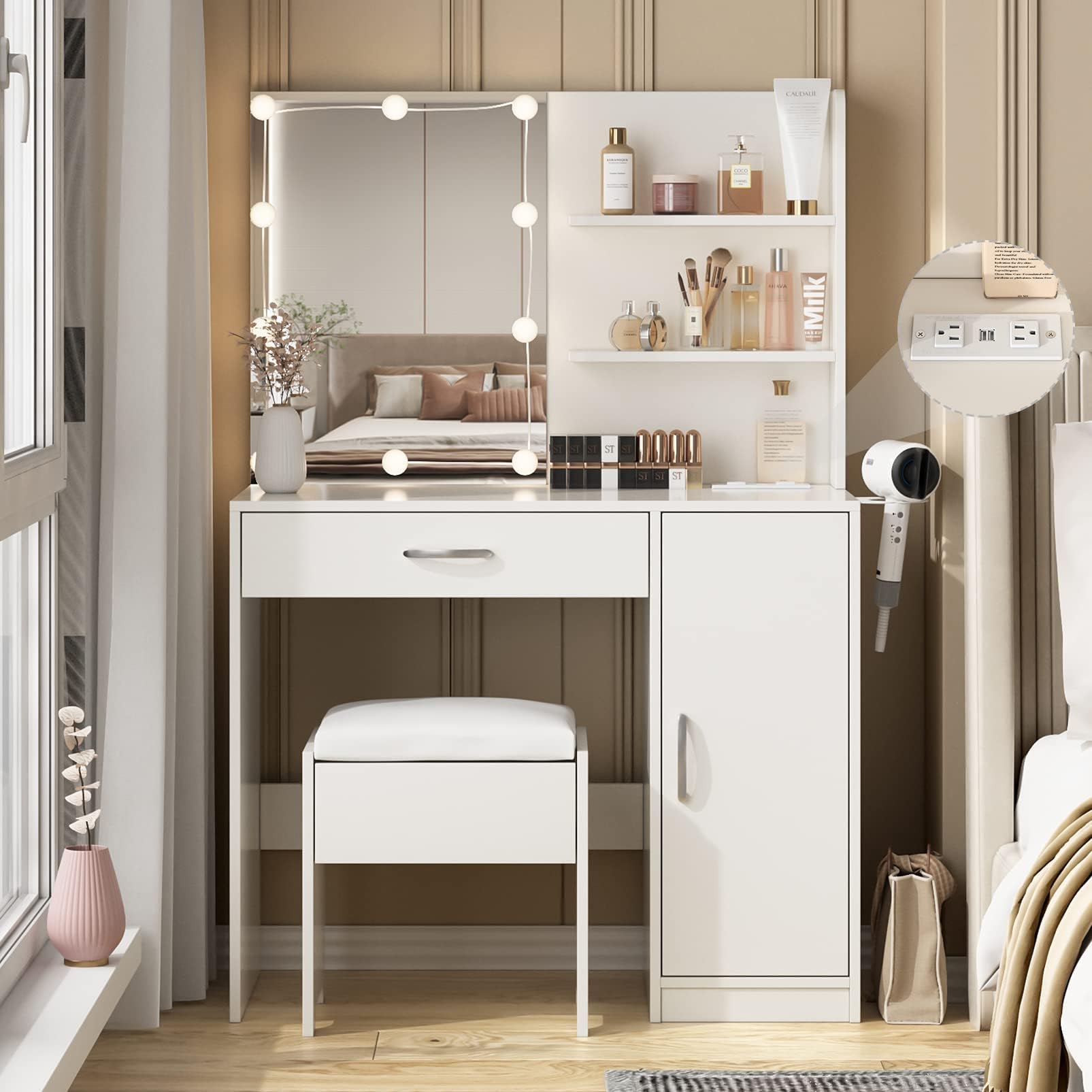 Amazon.com: VASAGLE Vanity Table Set with Lighted Mirror, Vanity Set ...