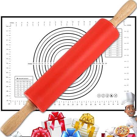 Rolling Pin and Silicone Baking Pastry Mat Set, Smooth Non Stick ...