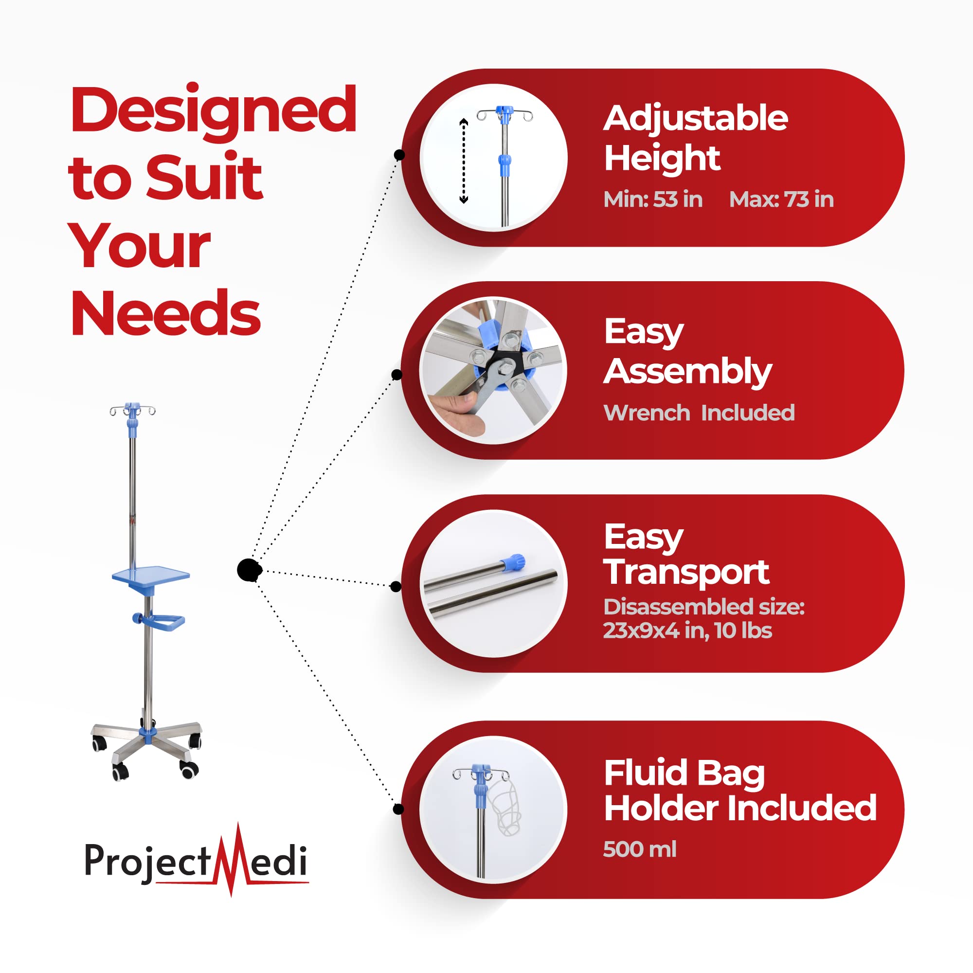 ProjectMedi IV Pole â€” Ergonomic IV Pole with Wheels â€” Medical IV ...
