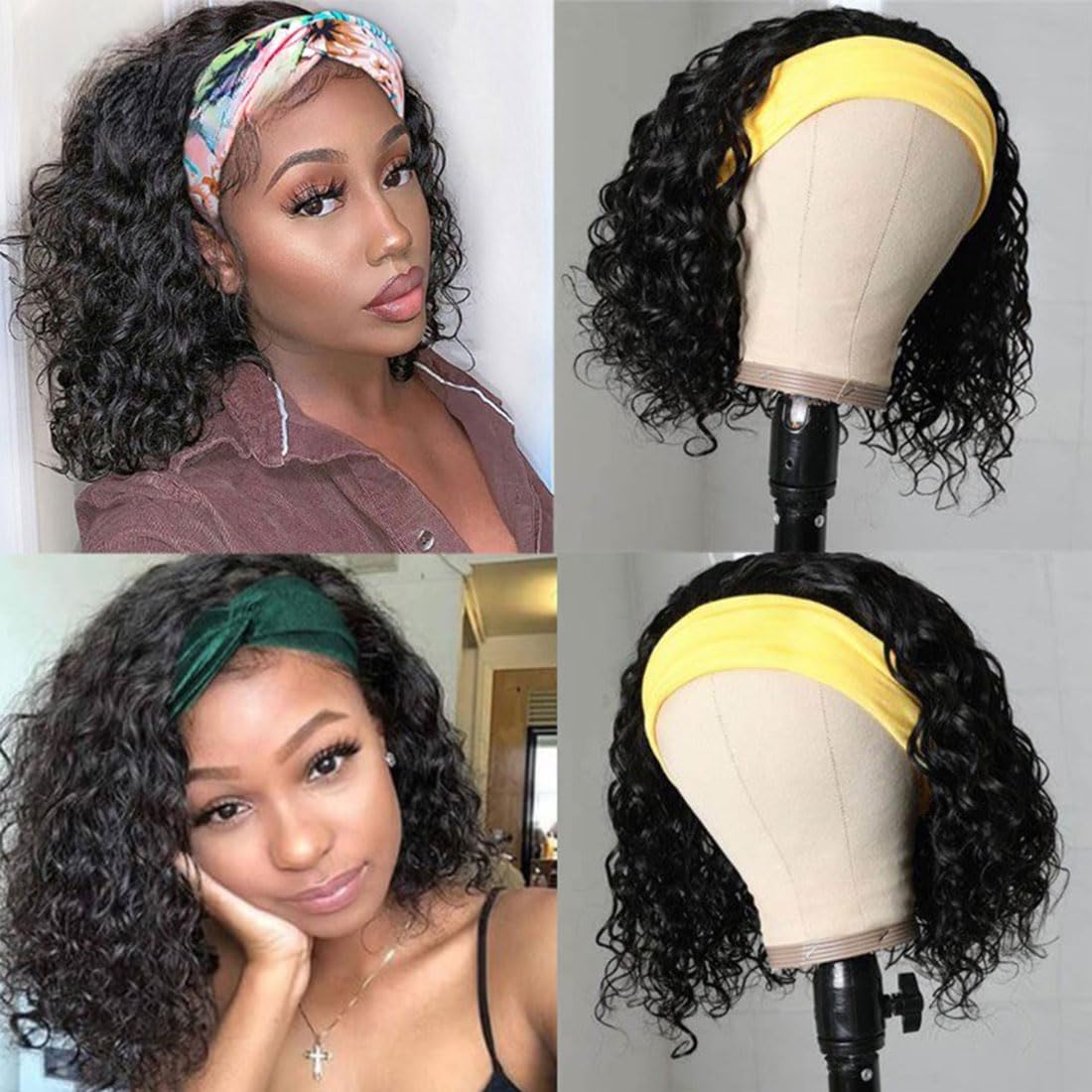 Amazon.com : Headband Wigs Water Wave Human Hair Short Bob Headband ...