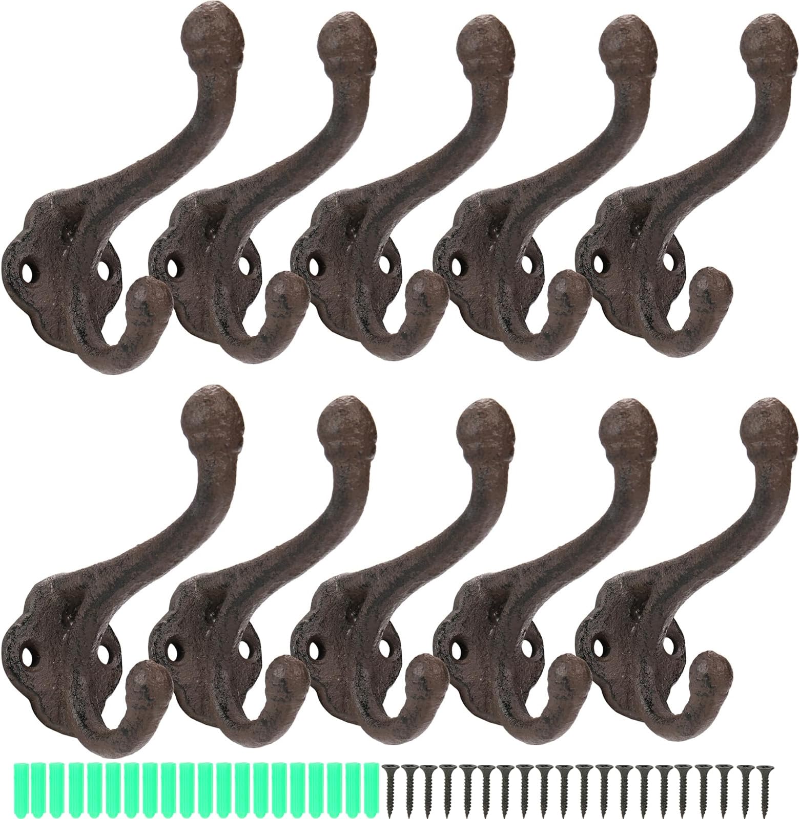 Peohud 10 Pack Cast Iron Coat Hooks Vintage, Rustic Wall Mounted Hook ...