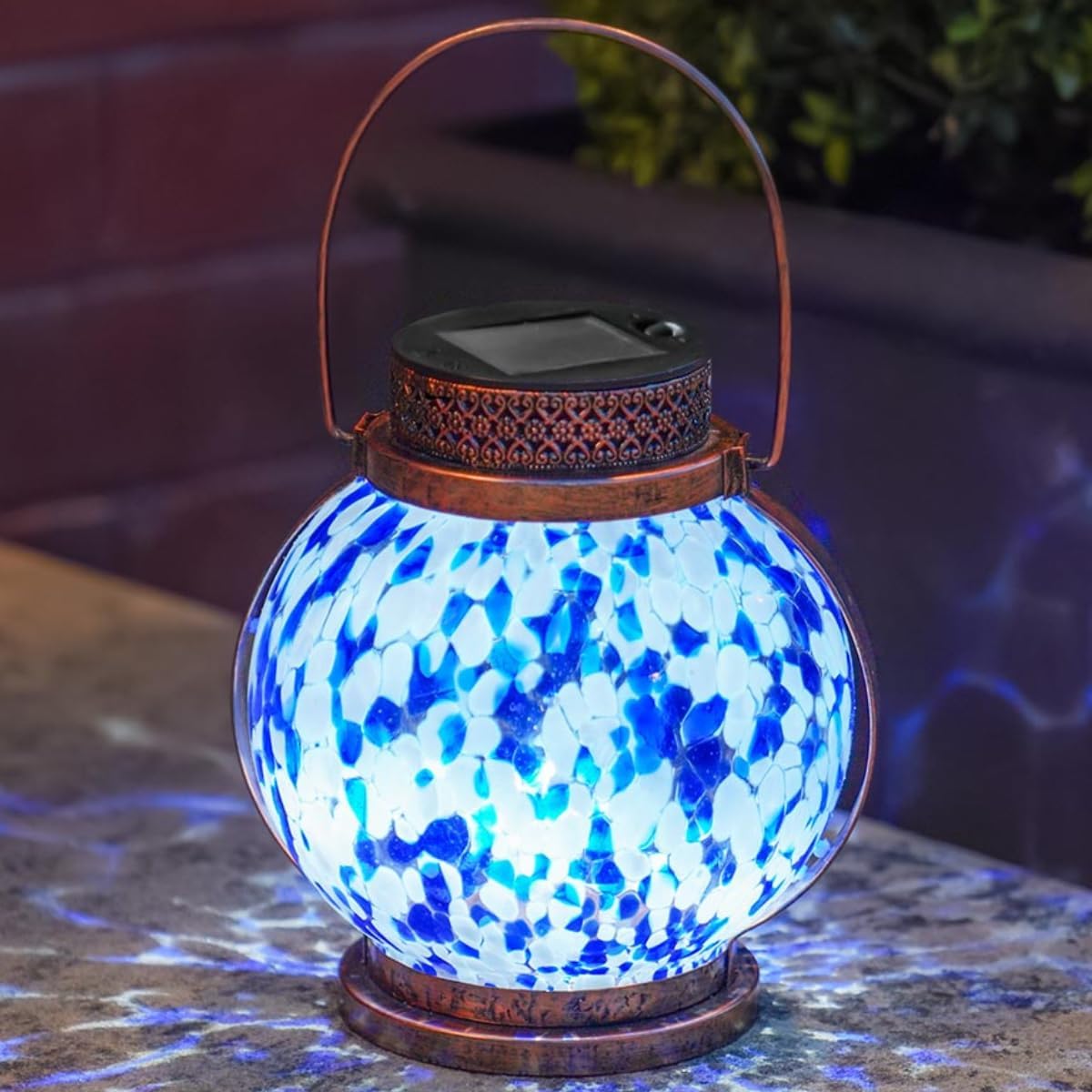 Festive Lights - 17.5cm Blue & White Glass Solar Powered Lantern ...
