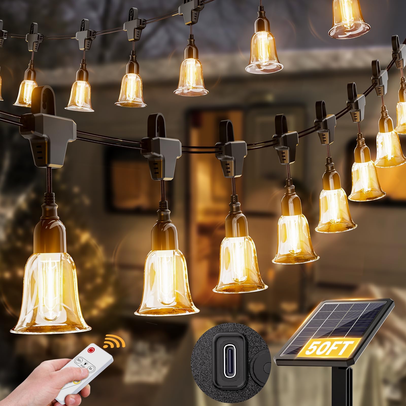 50FT Solar String Lights Outdoor Waterproof with Remote Control & USB ...