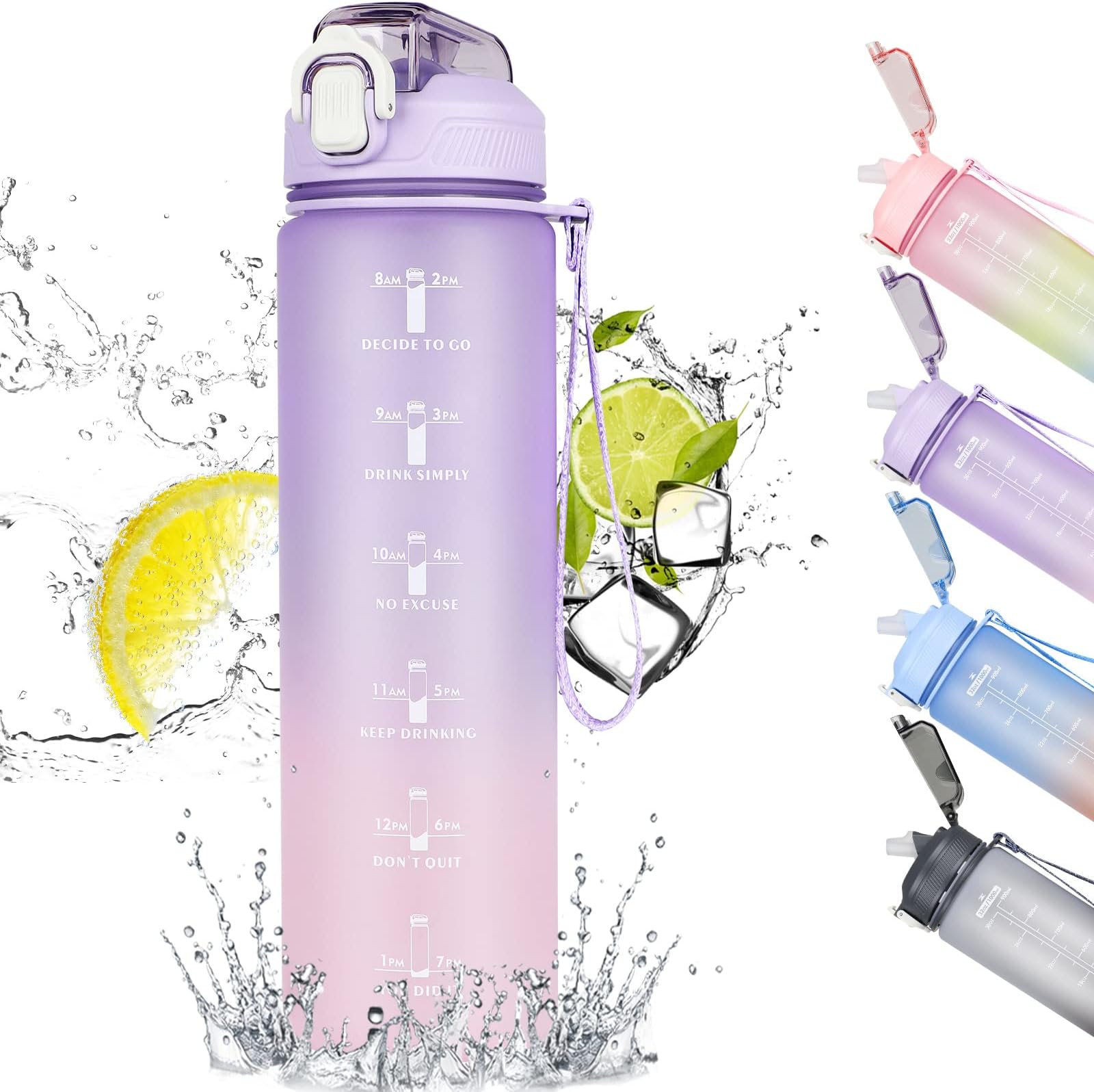 Hydracy Trinkflasche mit Strohhalm und Zeitmarkierung - 1L Wasserflasche - BPA-freie ...
