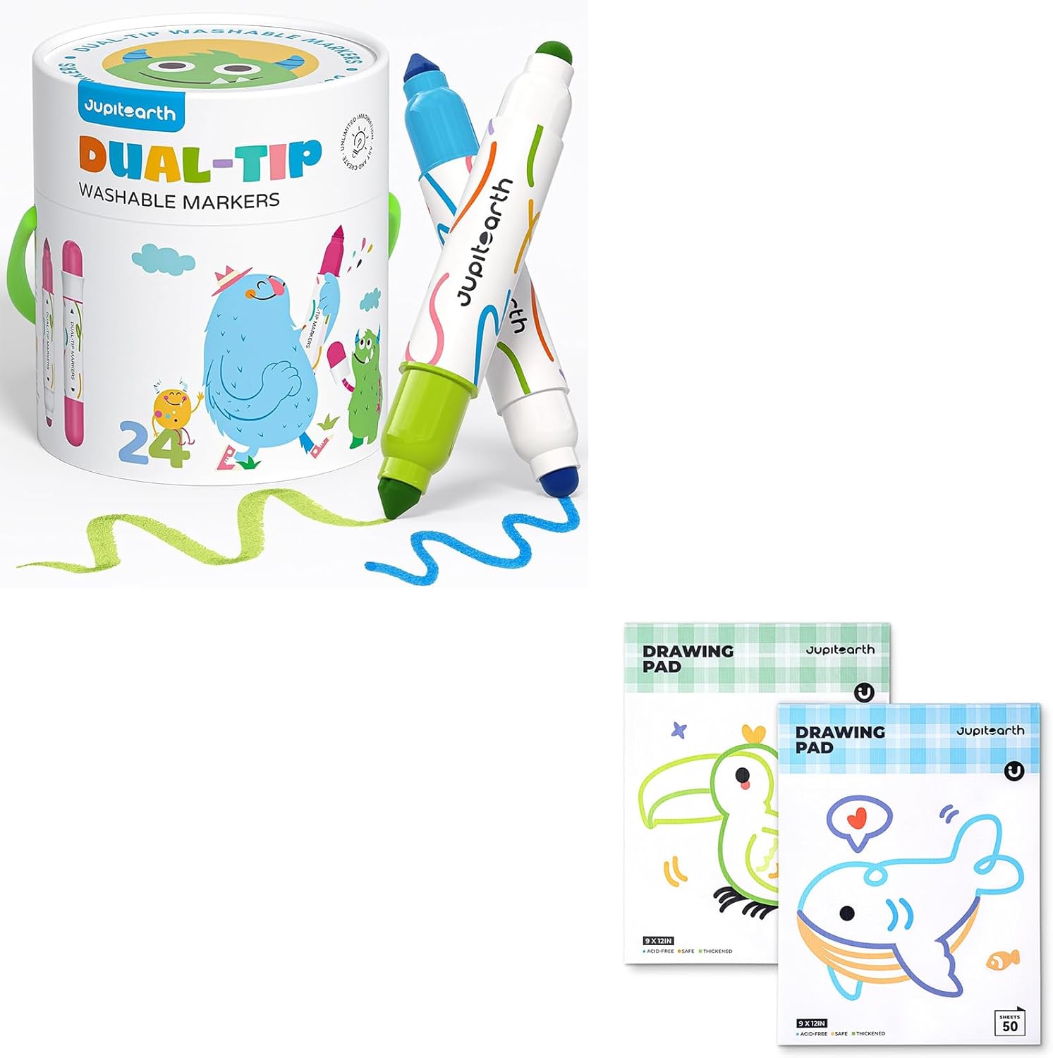 Amazon.com: JUPITEARTH Washable Dual Tip Markers for Kids + Drawing Pad ...