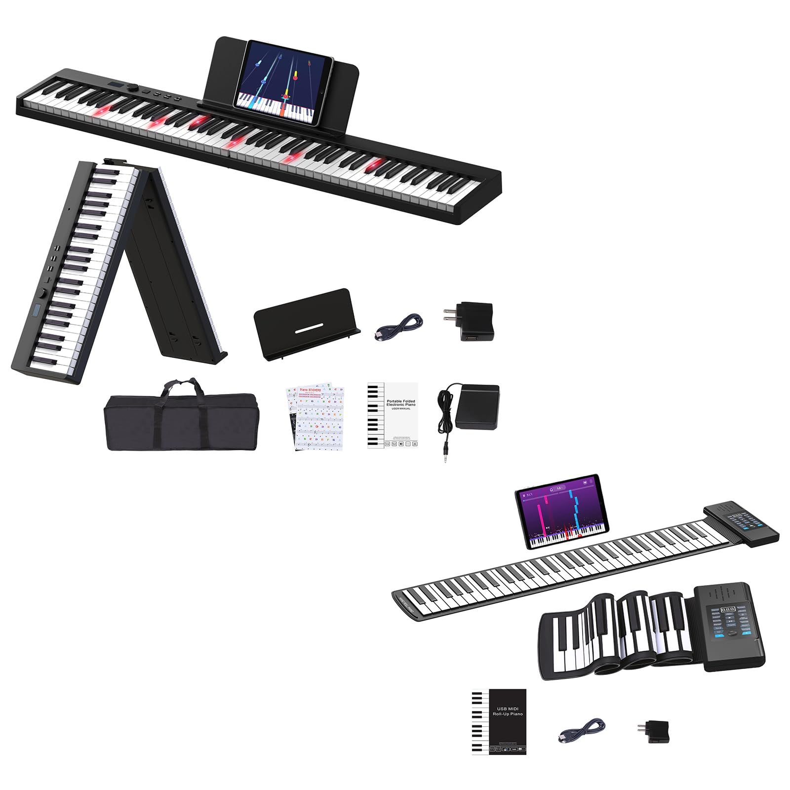 Amazon.com: KONIX Folding Piano Keyboard Bundle 61 Key Roll Up Piano ...