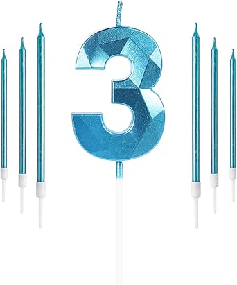 Amazon.com: Blue Birthday Candles Number 3 Candle with 6pcs Long ...
