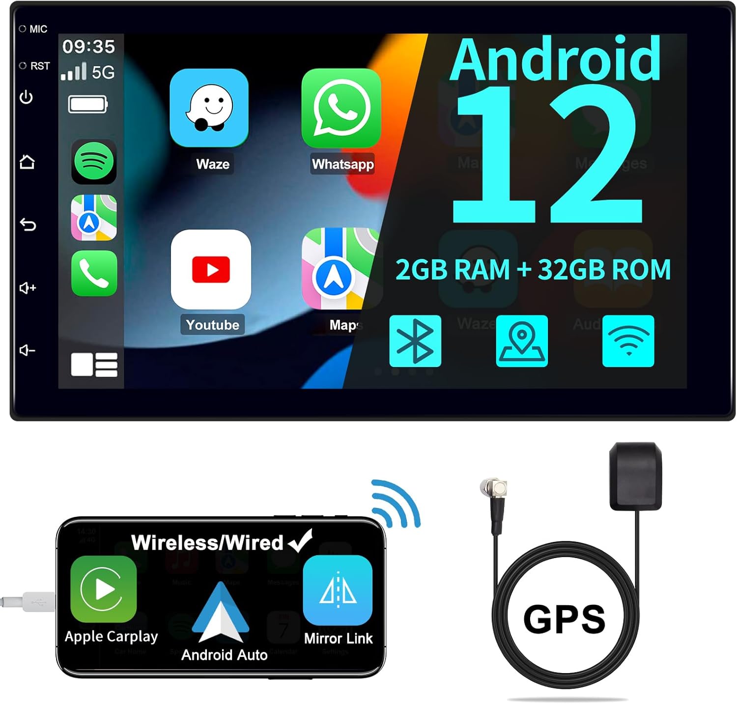 Amazon.com: Android 12 Double Din Car Stereo 7 Inch with Bluetooth ...