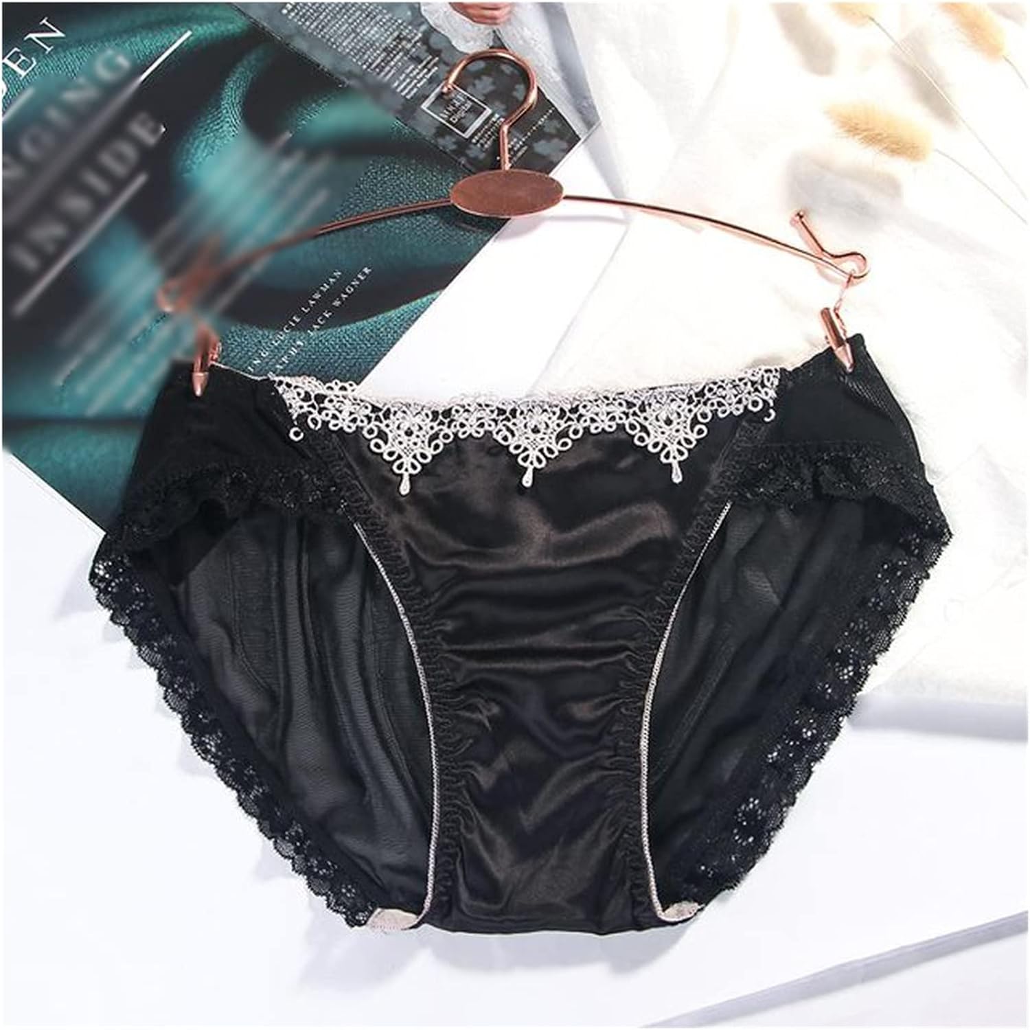 Amazon.com: DHTDVD Shiny Satin Lace Panties Lingerie Women Low-Rise ...