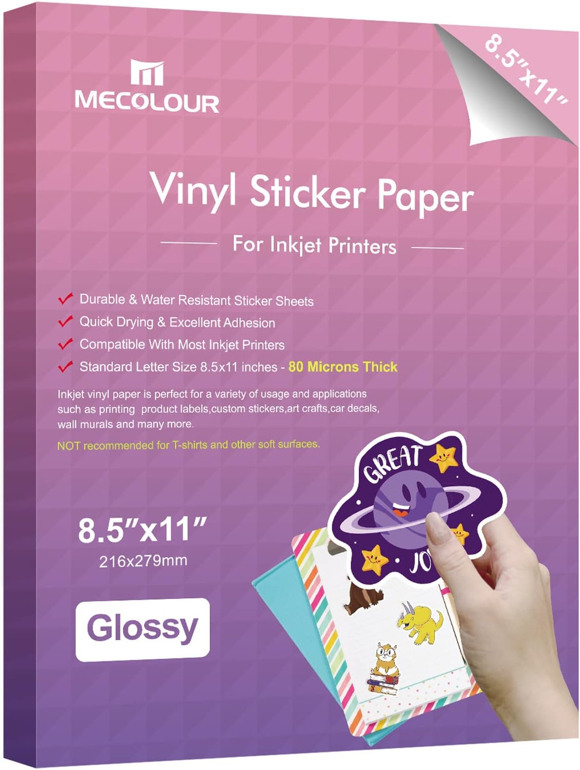Amazon.com : MECOLOUR Sticker Paper Glossy White Printable Vinyl 50 ...