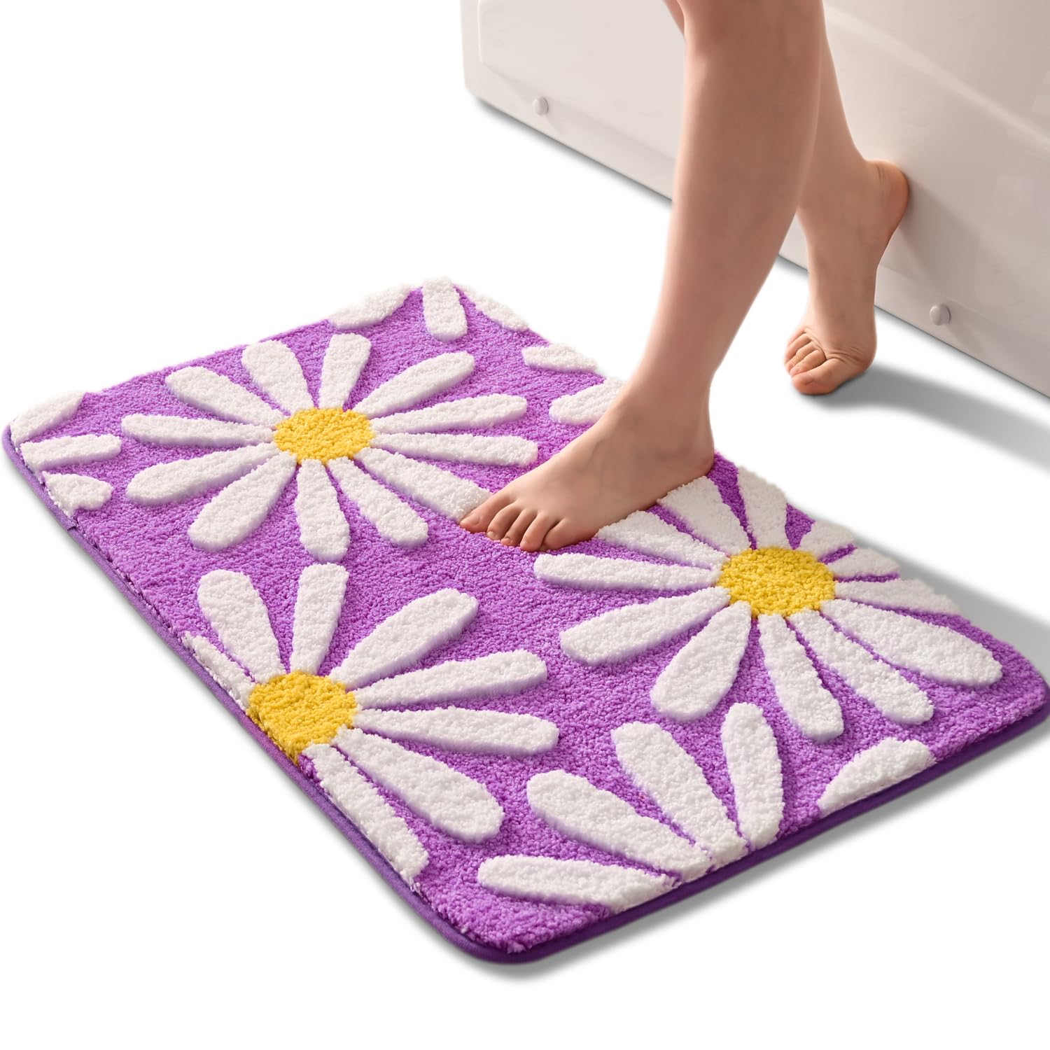 Amazon.com: QJHOMO Purple Bathroom Rugs Cute Daisy Bath Mat White and ...
