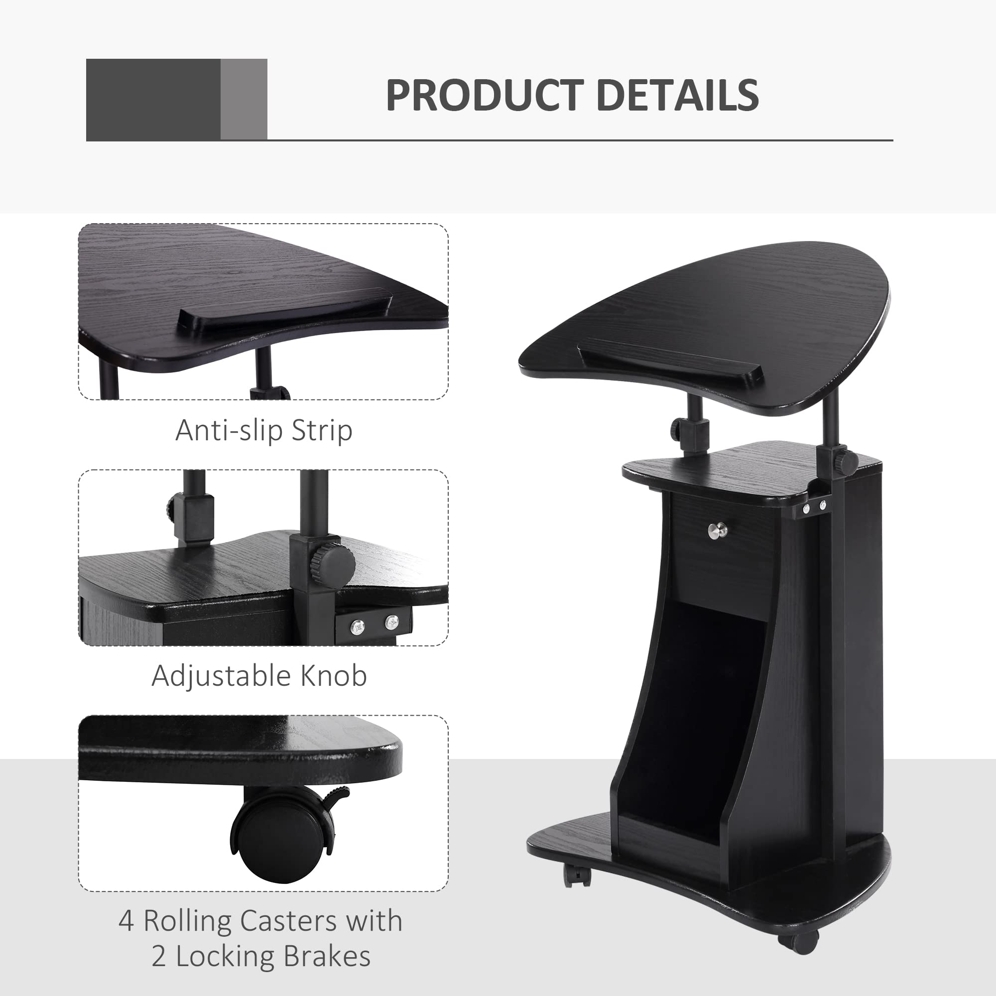 HOMCOM Mobile Laptop Cart, Sit-to-Stand Computer Desk with Drawer ...