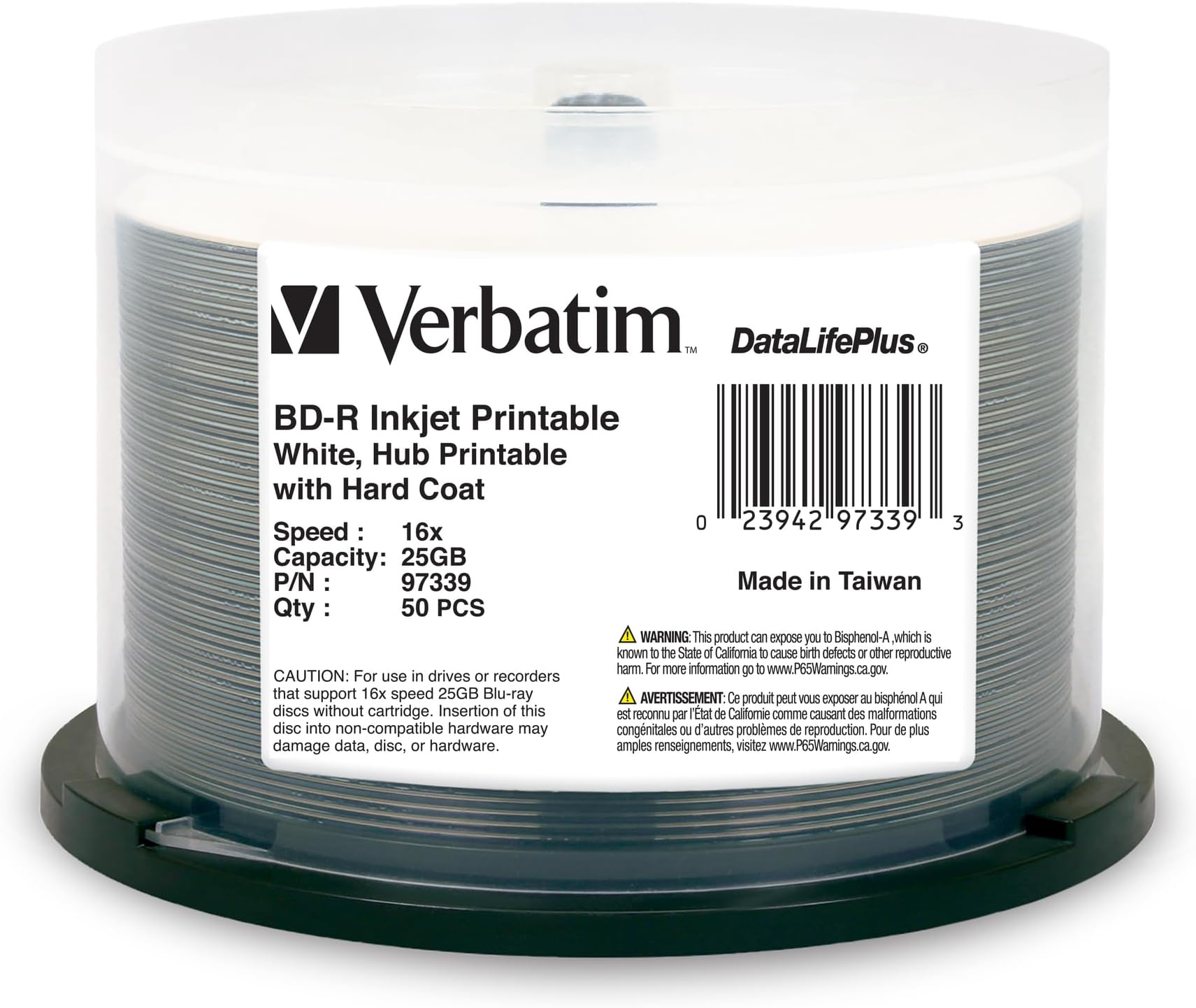 Verbatim BD-R 25GB 16X DataLifePlus White Inkjet Printable, Hub ...