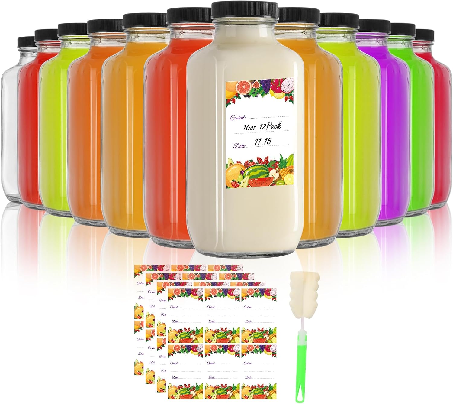 Amazon.com: Homerove 16 oz Glass Juice Bottles with Lids, Set of 12 ...