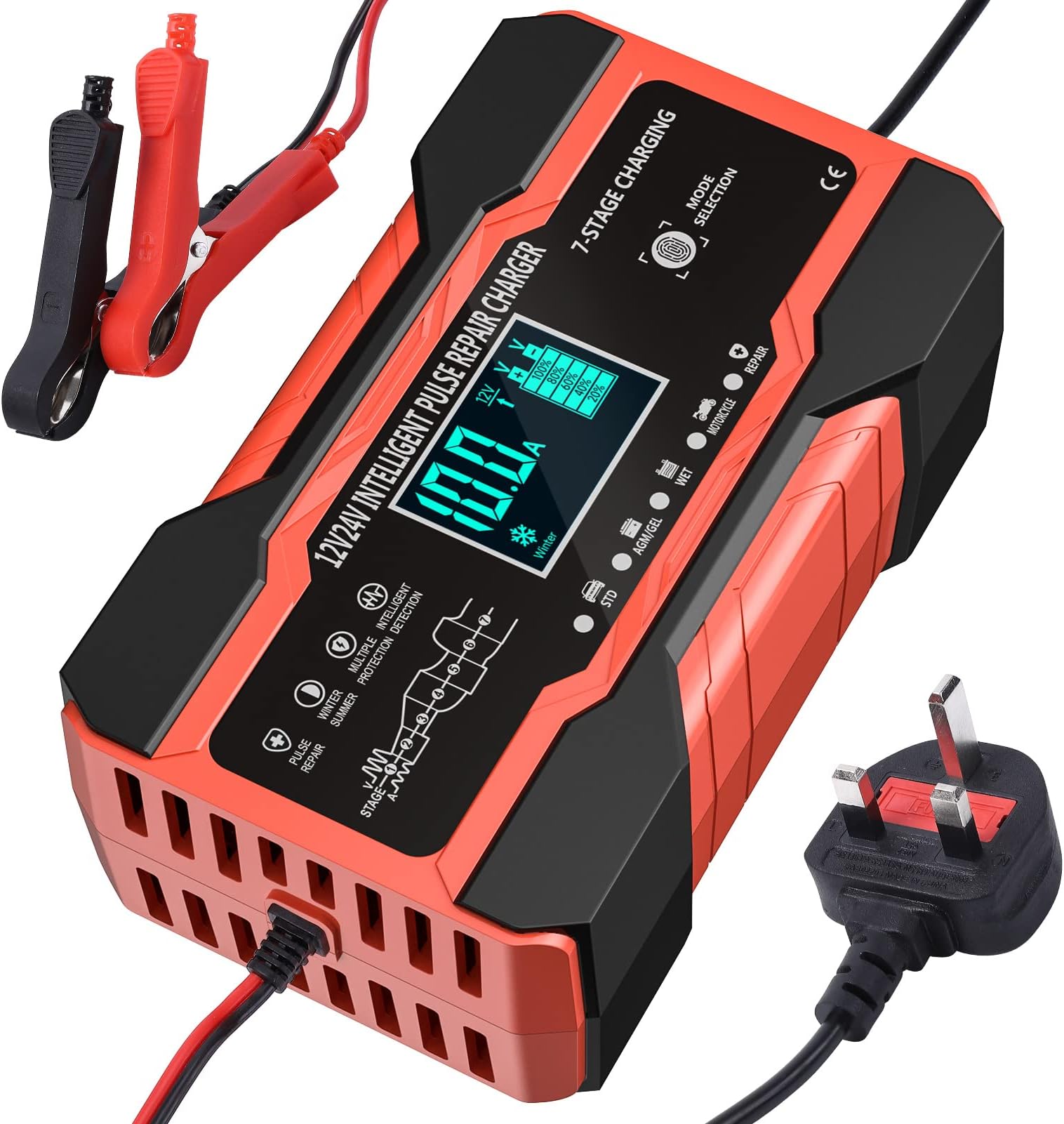 10 Amp Car Battery Charger, 12V/24V Automatic Battery Charger with 7 ...