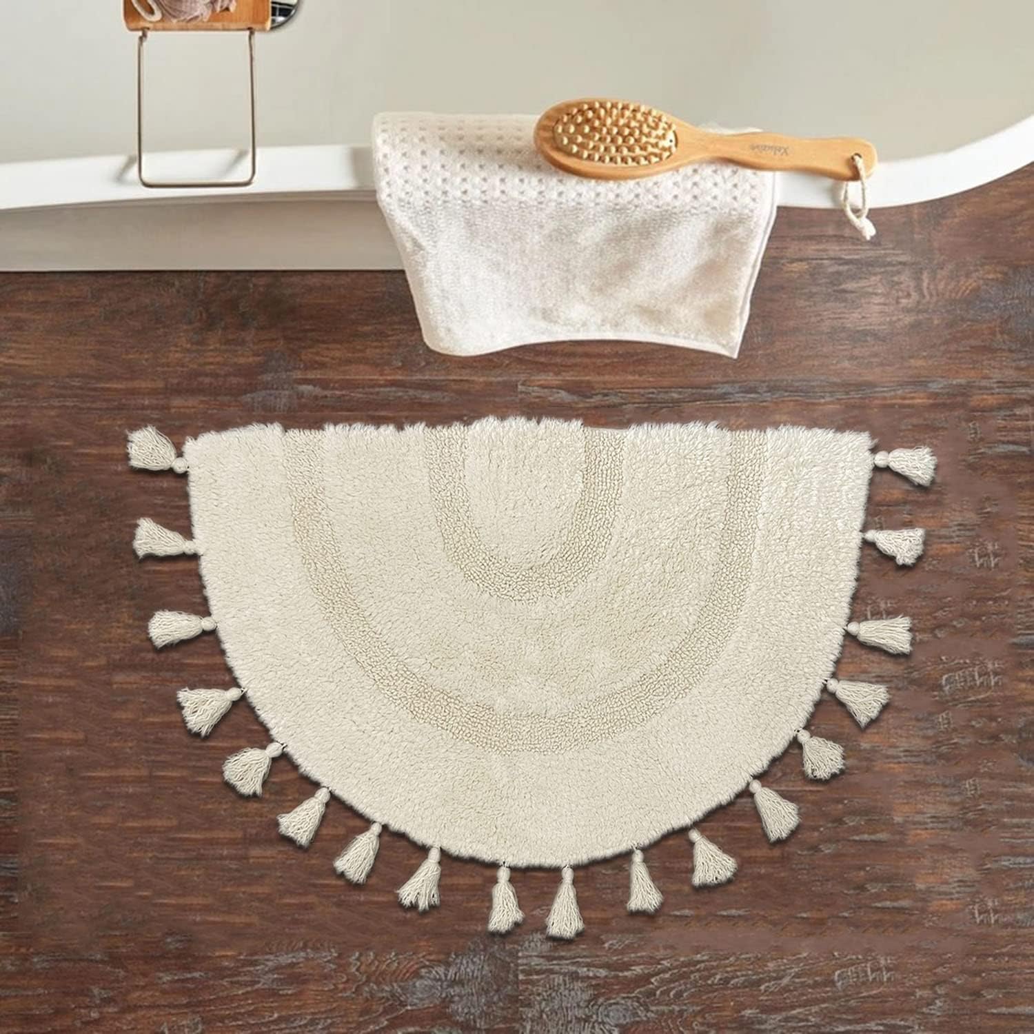 Amazon.com: Half Circle Boho Bathroom Rug with Tassels 100% Cotton Hand ...