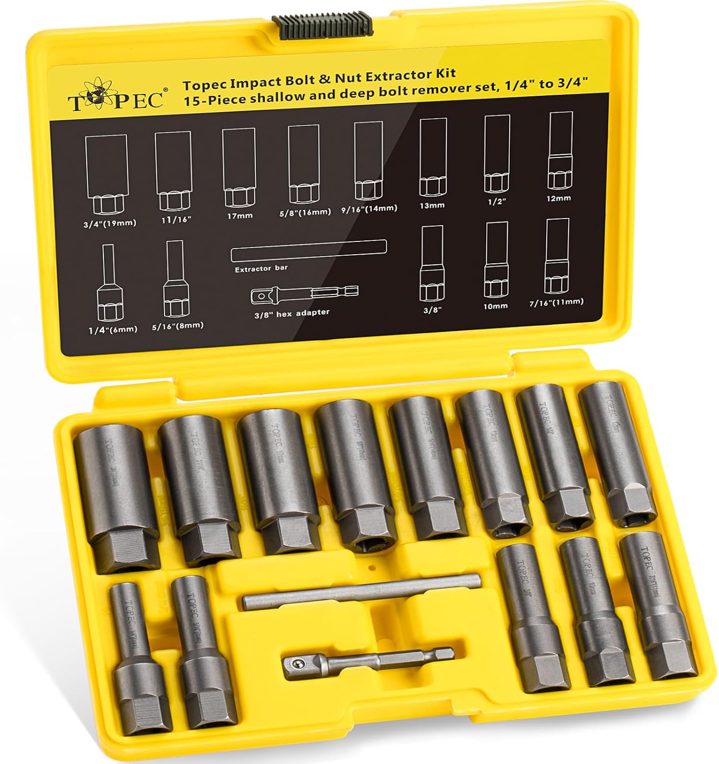 Topec 15PCS Deep Bolt Extractor Kit, 6mm-19mm Nut Extractor Socket Set ...