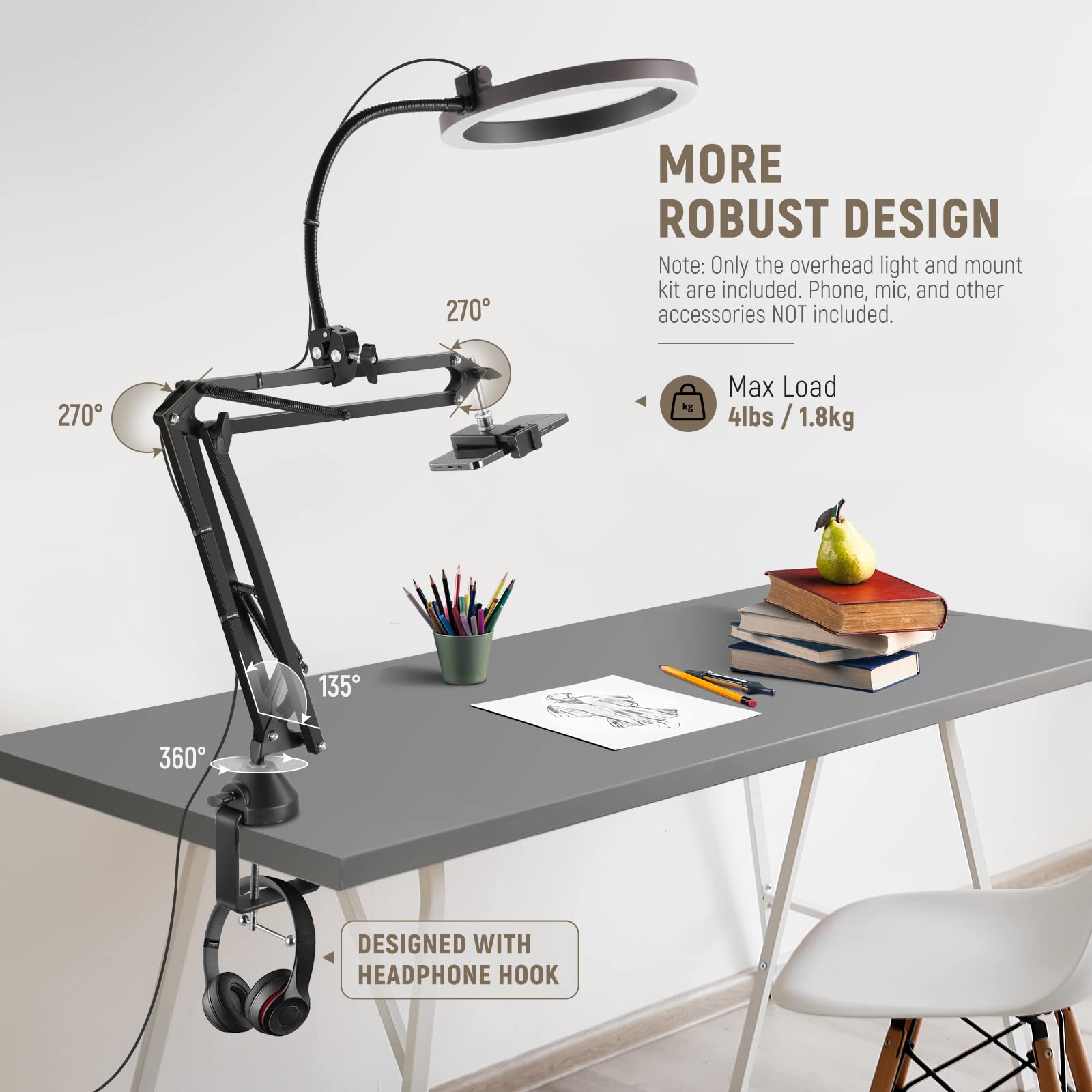 NEEWER Desk Ring Light Overhead Camera Mount Kit with Flexible Tube ...