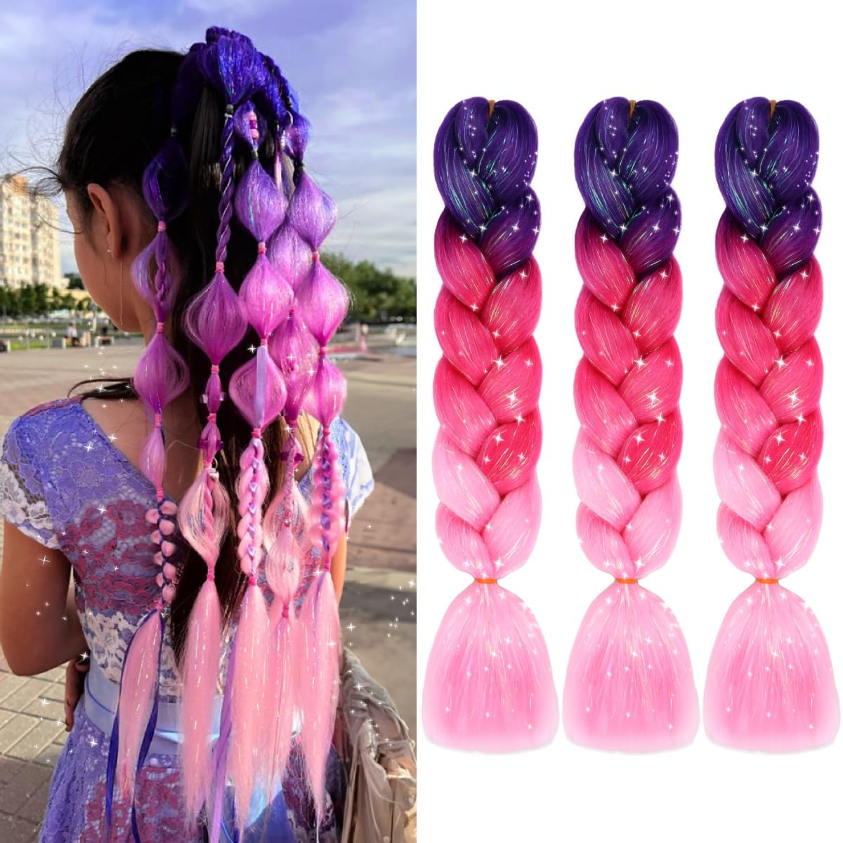 Ombre Jumbo Braiding Hair Extensions with Sparkling Hair Tinsel Strands ...