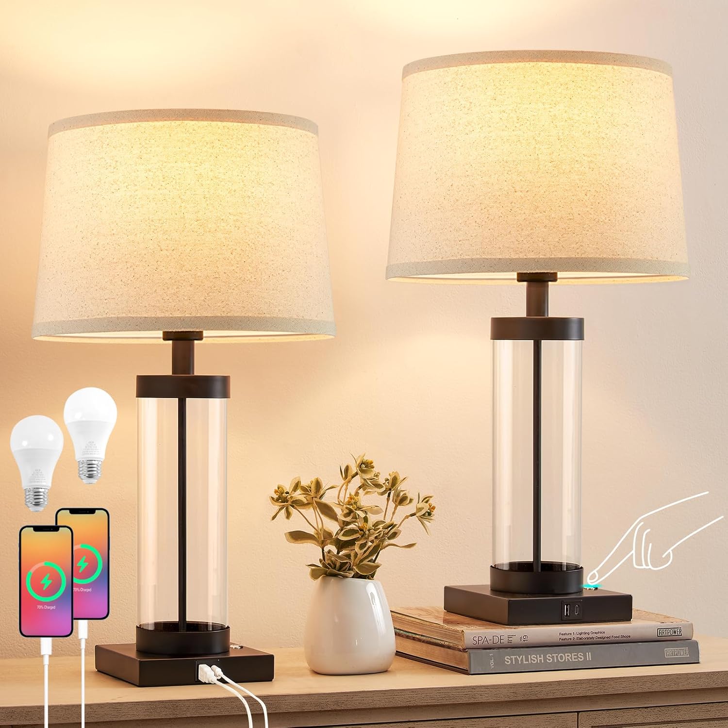 Nightstand Table Lamps for Bedrooms Set of 2 - 3 Way Dimmable Touch ...