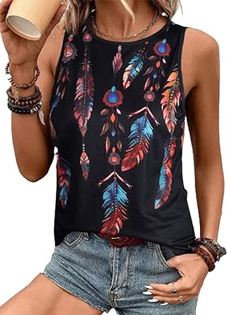 Hilinker Women's Graphic Tank Tops Summer Casual Feather Printed ...