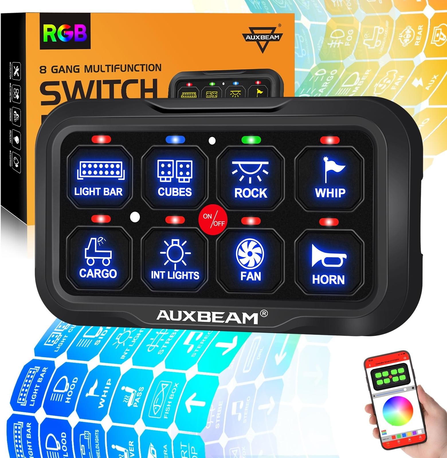 Amazon.com: Auxbeam RGB Bluetooth 8 Gang Switch Panel AR-820 Toggle ...