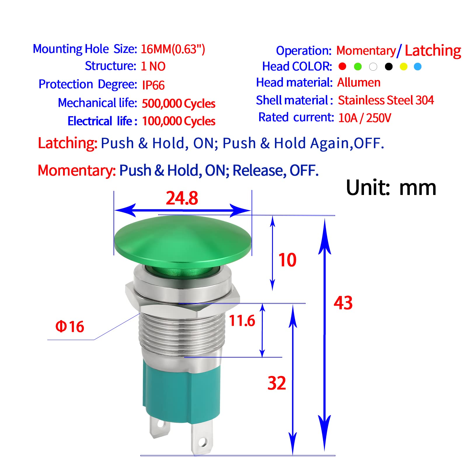Snapklik.com : 10Amp Momentary Push Button Switch 16mm 5/8 Stainless ...