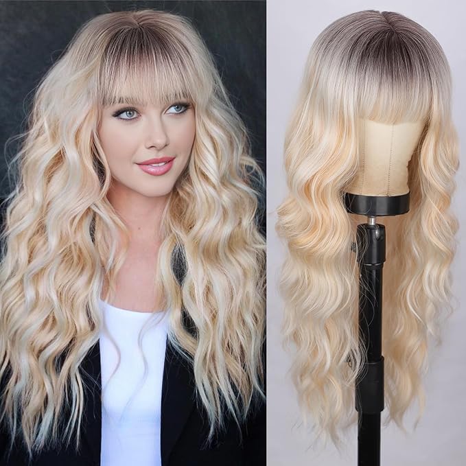 Amazon.com : Cisyia Ombre Blonde Wig with Bangs Long Wavy Wigs for ...