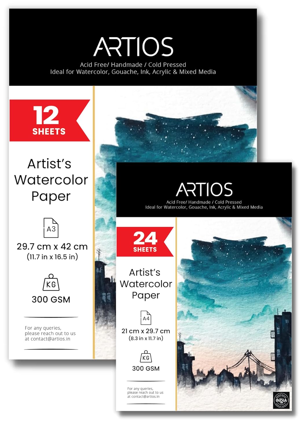 ARTIOS Artists' Watercolor Paper Combo - A3 (12 Sheets) + A4 (24 Sheets ...