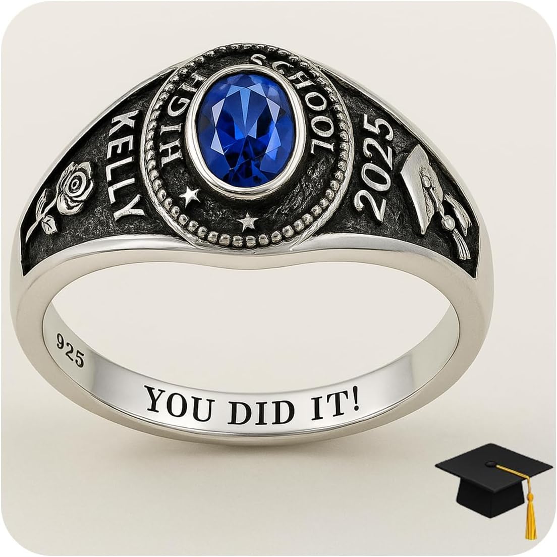 Amazon.com: Personalized Graduation Class Ring - Oval Shaped Ring Lapis ...