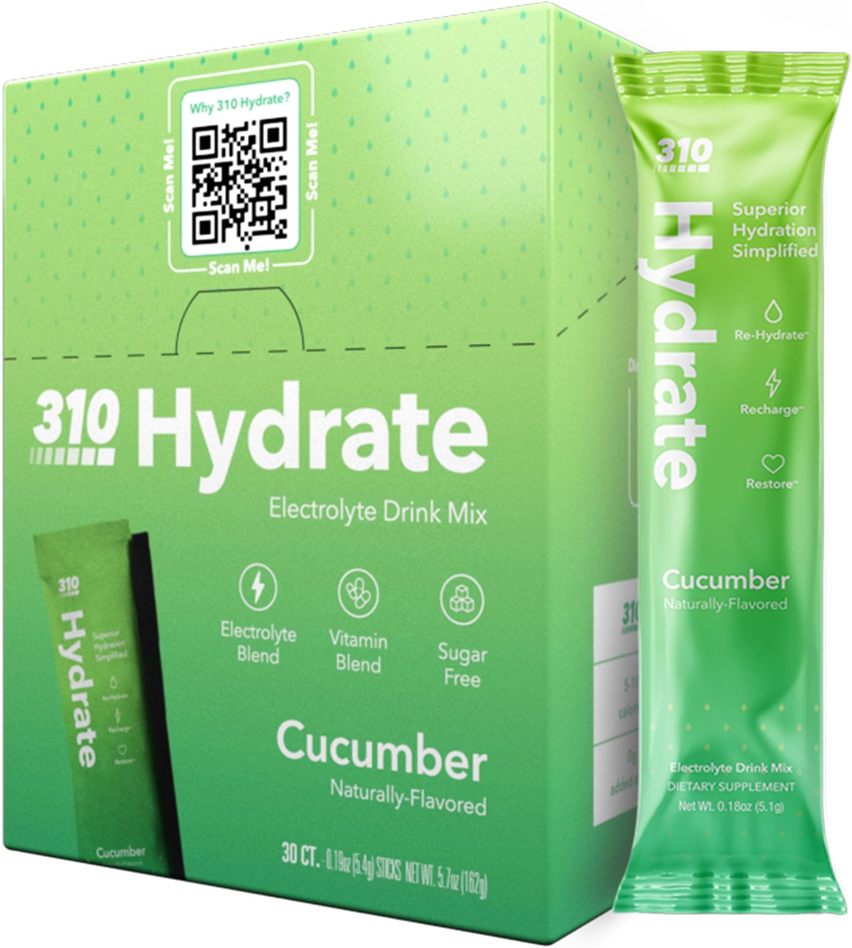 Amazon.com: 310 Hydrate Cucumber Electrolytes Powder Packets - No Sugar ...