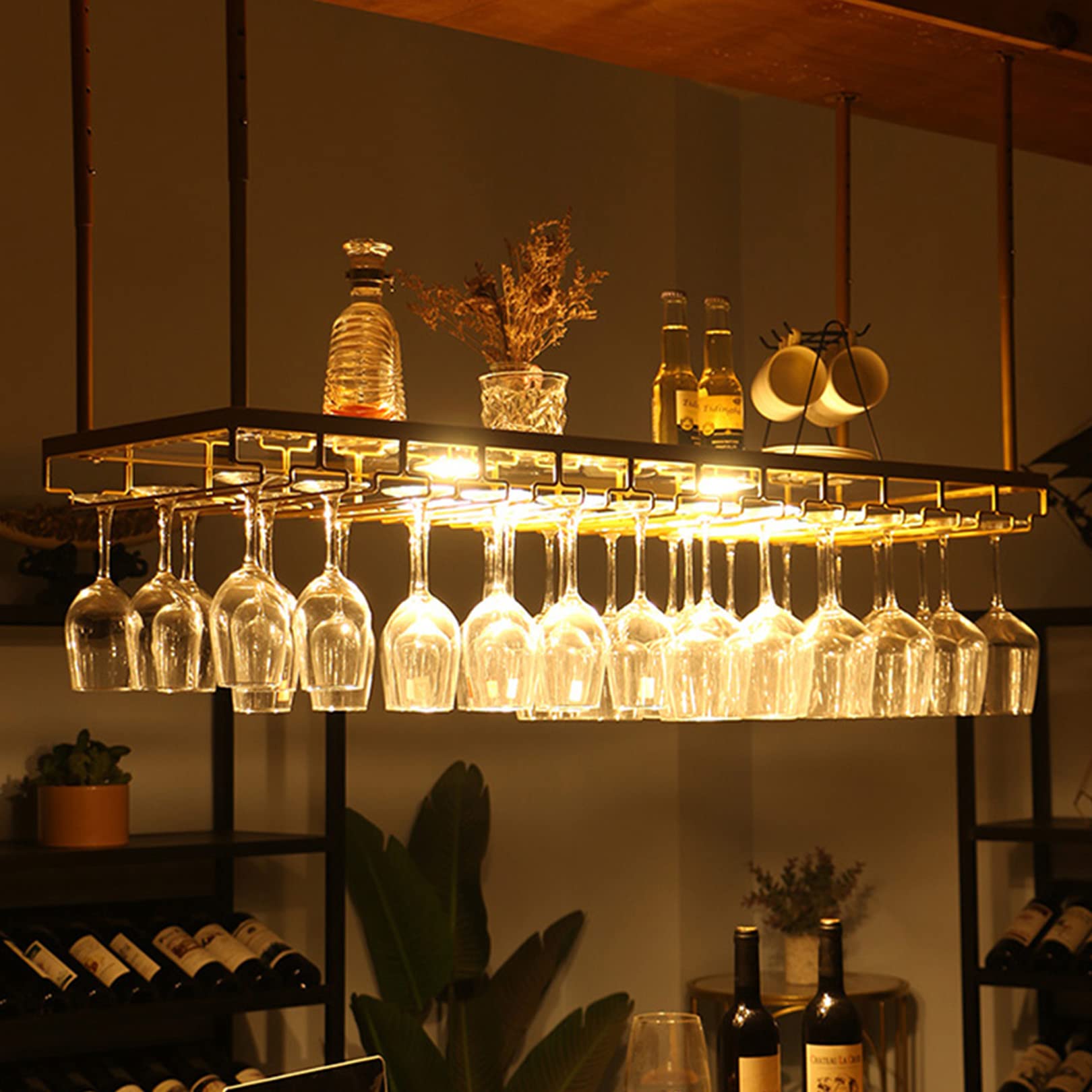 Amazon.com: Rustic Wine Rack Wall Mounted with Light & Glass Holder ...