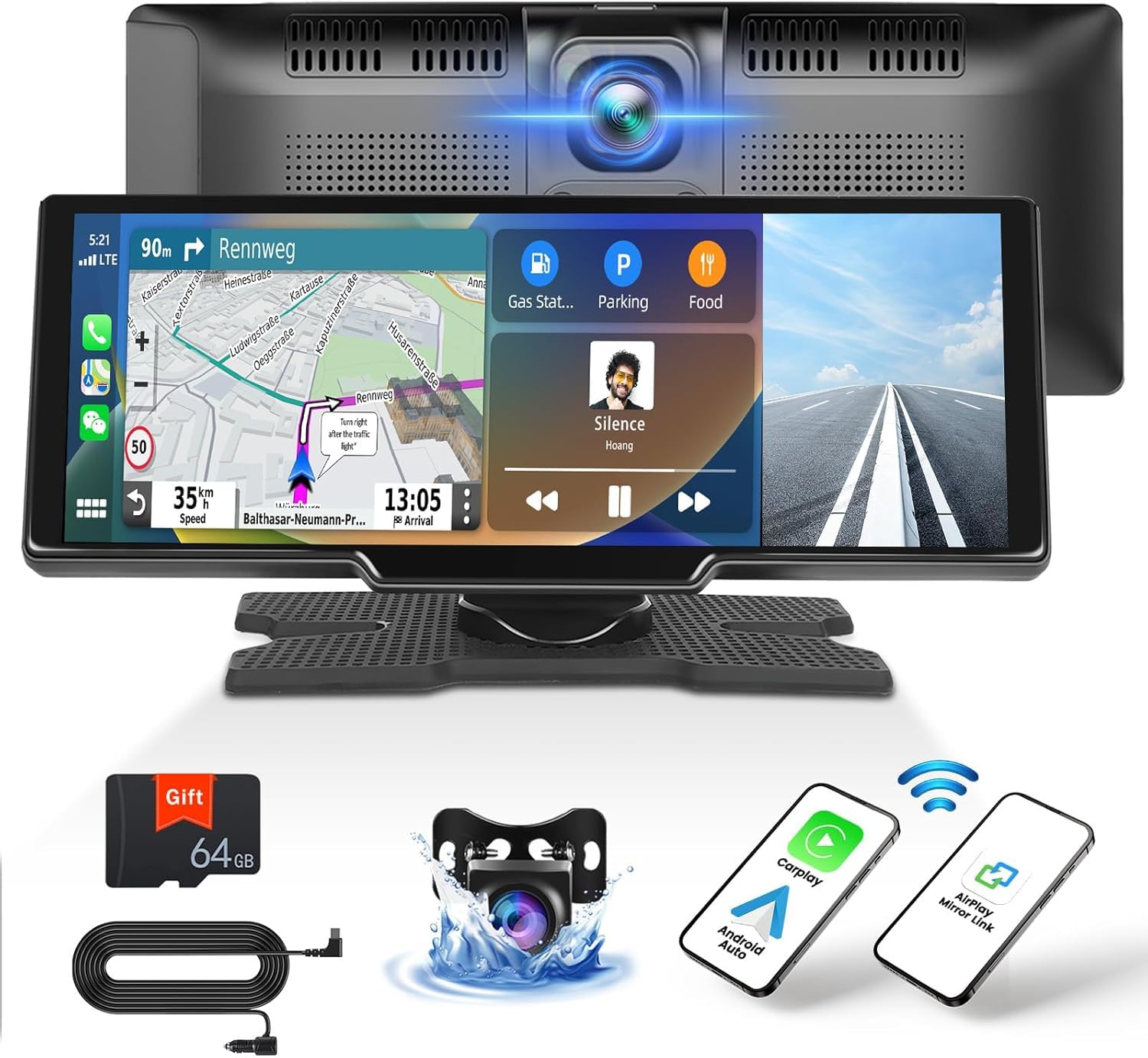 CAMECHO Wireless Apple Carplay Android Auto Tragbarer Autoradio mit Dash Cam & Rückfahrkamera, 9 ...