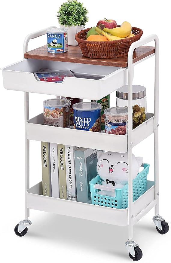 Amazon.com: TOOLF 3-Tier Utility Rolling Cart with Drawer & Wooden ...