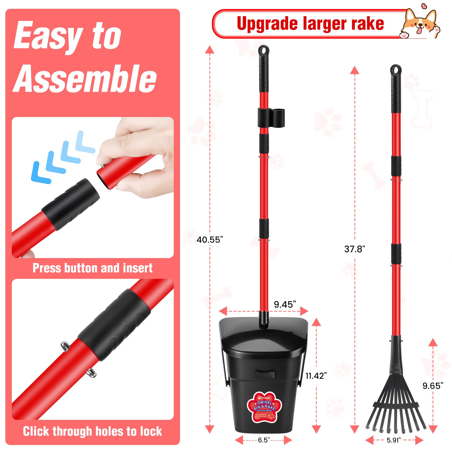 Ormalla Pooper Scooper Swivel Bin and Rake with 60 Waste Bags, Heavy ...