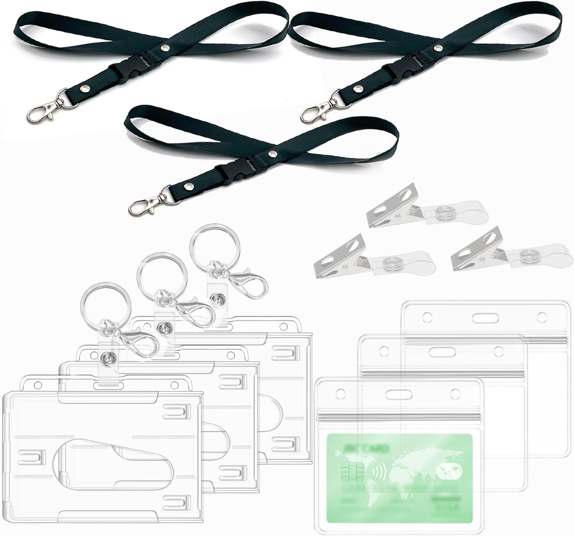 ID Card Holders with Lanyard,Keychains,Clips, Hard Clear Badge Holder ...