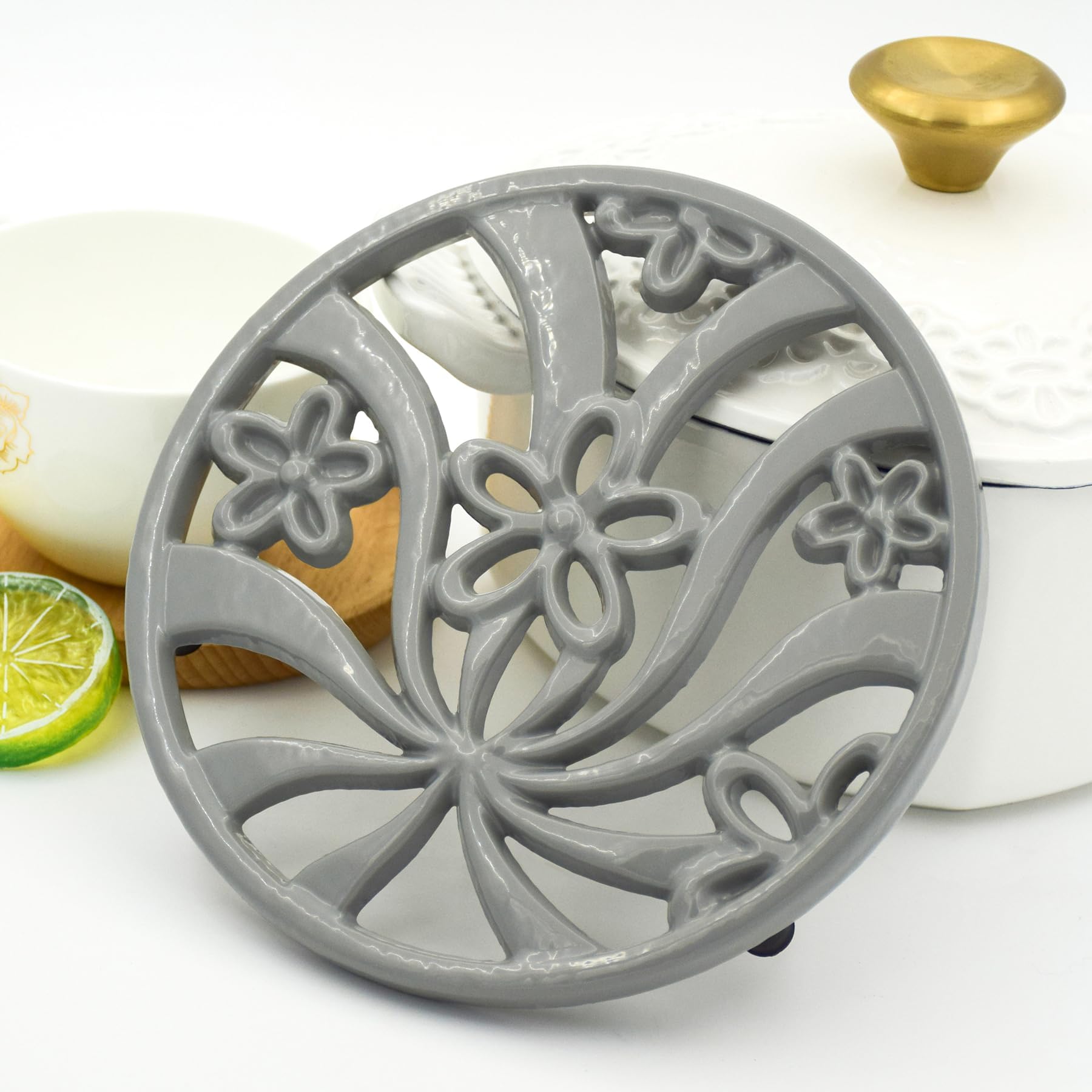 Amazon.com: Trivet 6.7 Inch, Cast Iron Trivet With Rubber Pegs/Feet Non ...