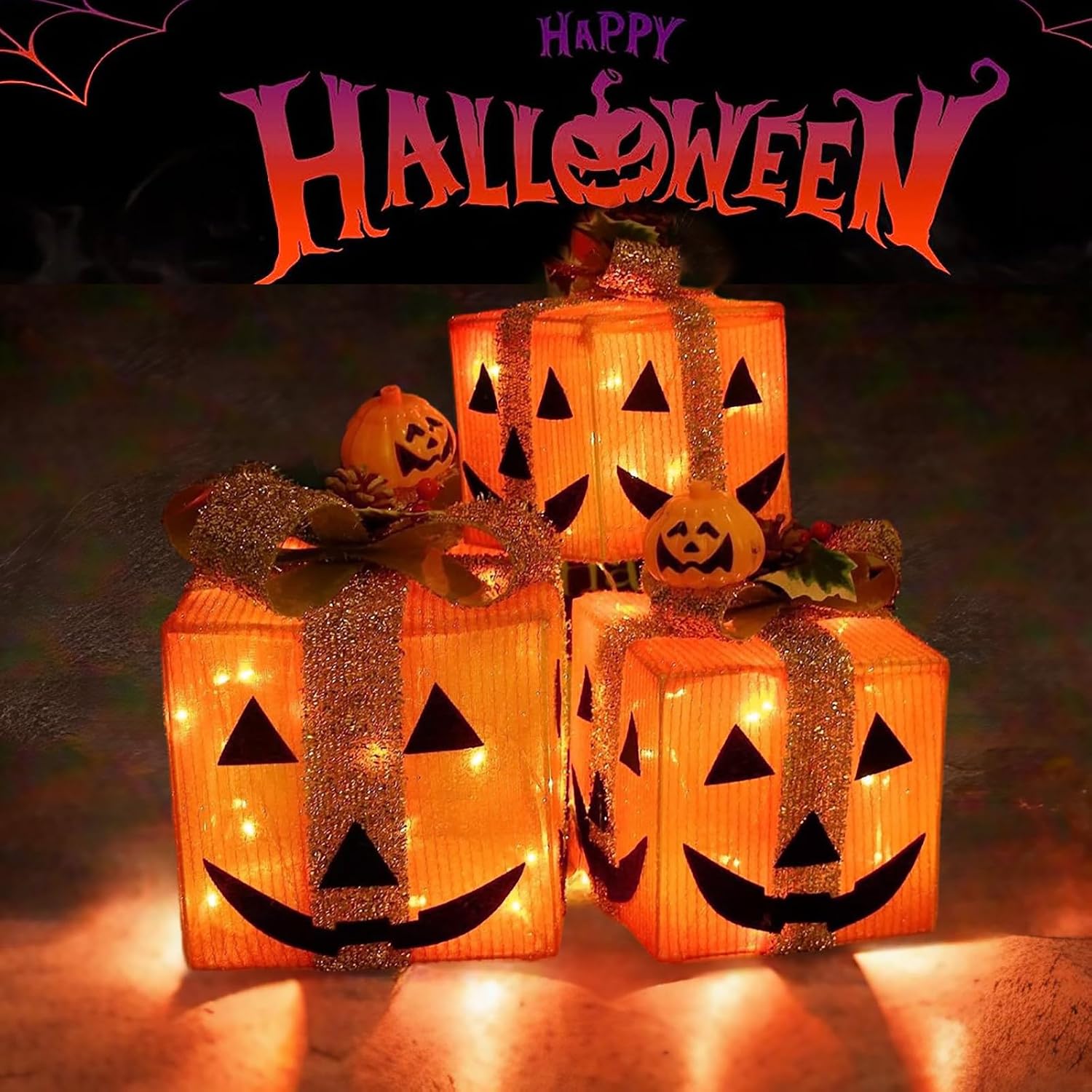 Amazon.com: Spooky Halloween Pumpkin Decorations, 3 Pack Lighted Gift ...