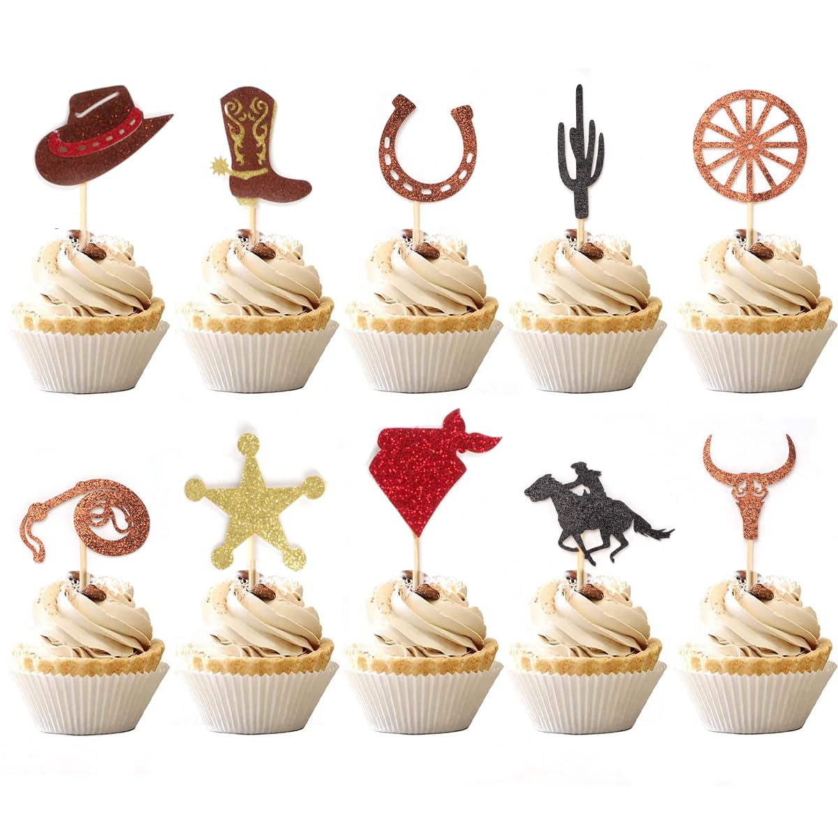 Amazon.com: Biendo 60PCS Cowboy Cupcake Toppers 10 Shape Glitter ...