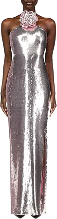 Amazon.com: Rodarte, Silver Sequin Halter Gown With Flower Detail, 6 ...