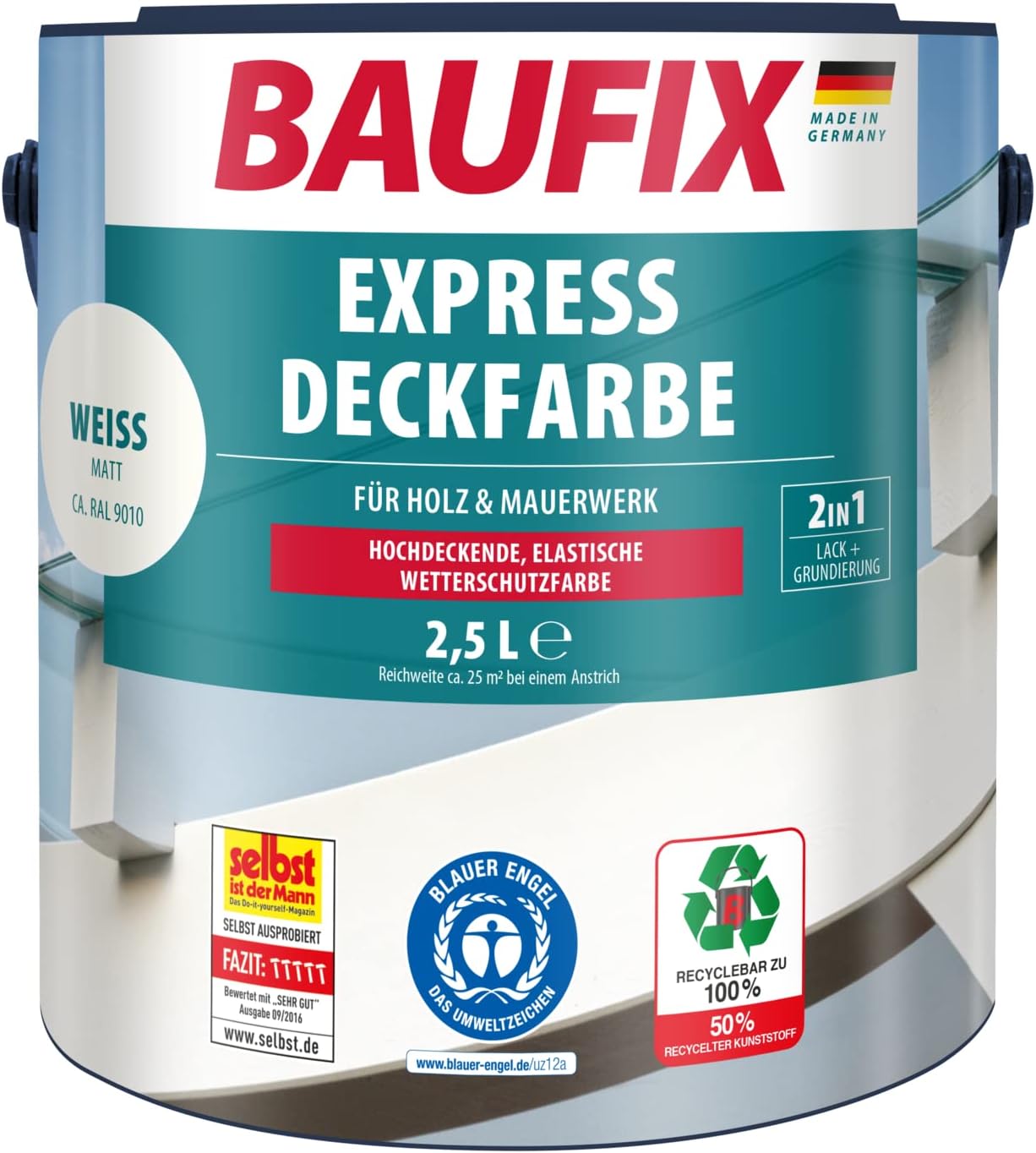 BAUFIX Express Deckfarbe weiss, matt, 2.5 Liter, Wetterschutzfarbe ...